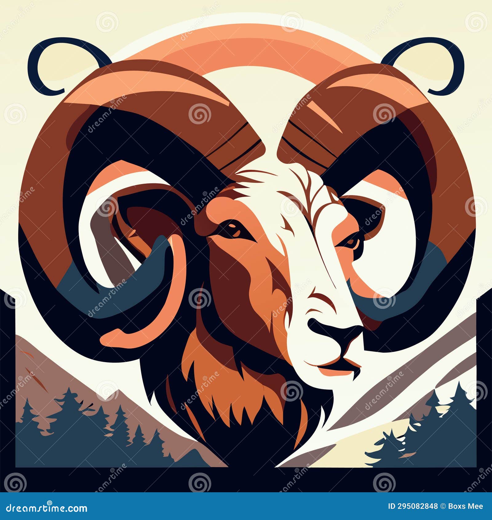 Vector Illustration of a Ram Head with Horns on the Background of ...