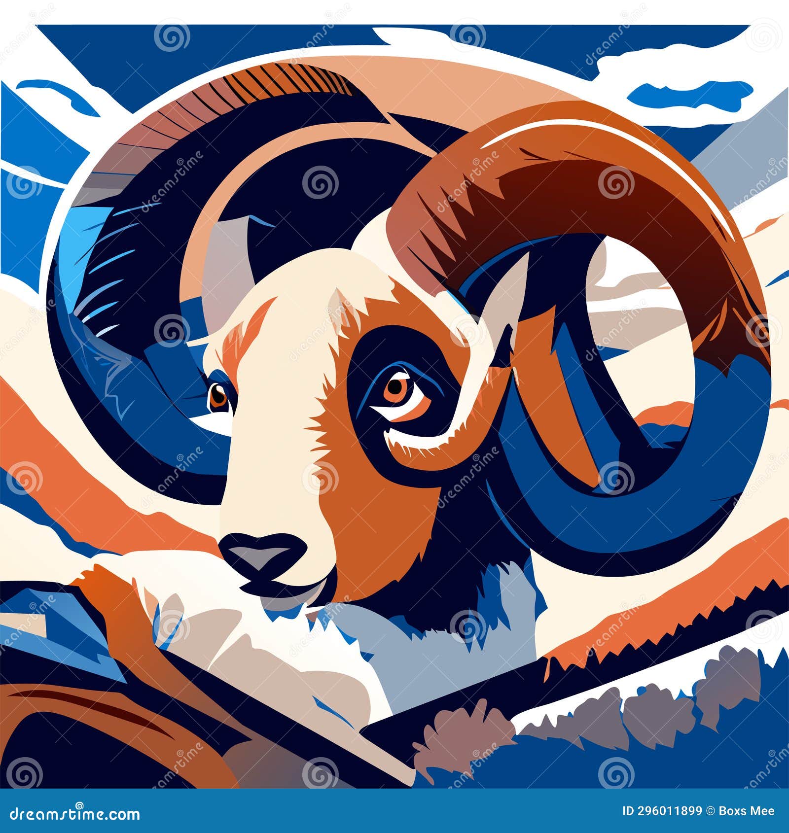 Vector Illustration of a Ram Head with Large Horns on the Background of ...