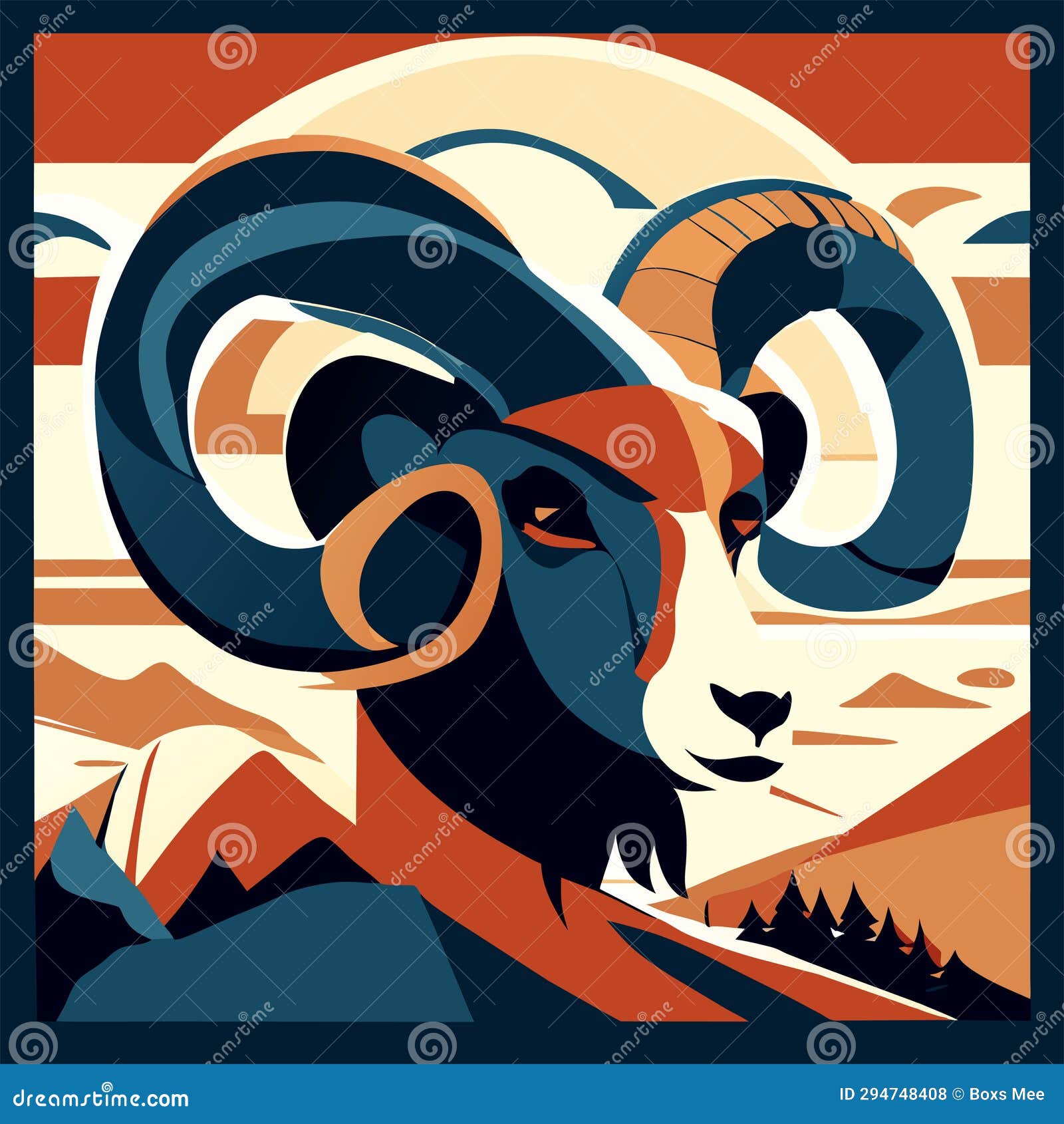 Vector Illustration of a Ram Head in the Mountains. Cartoon Style Stock ...