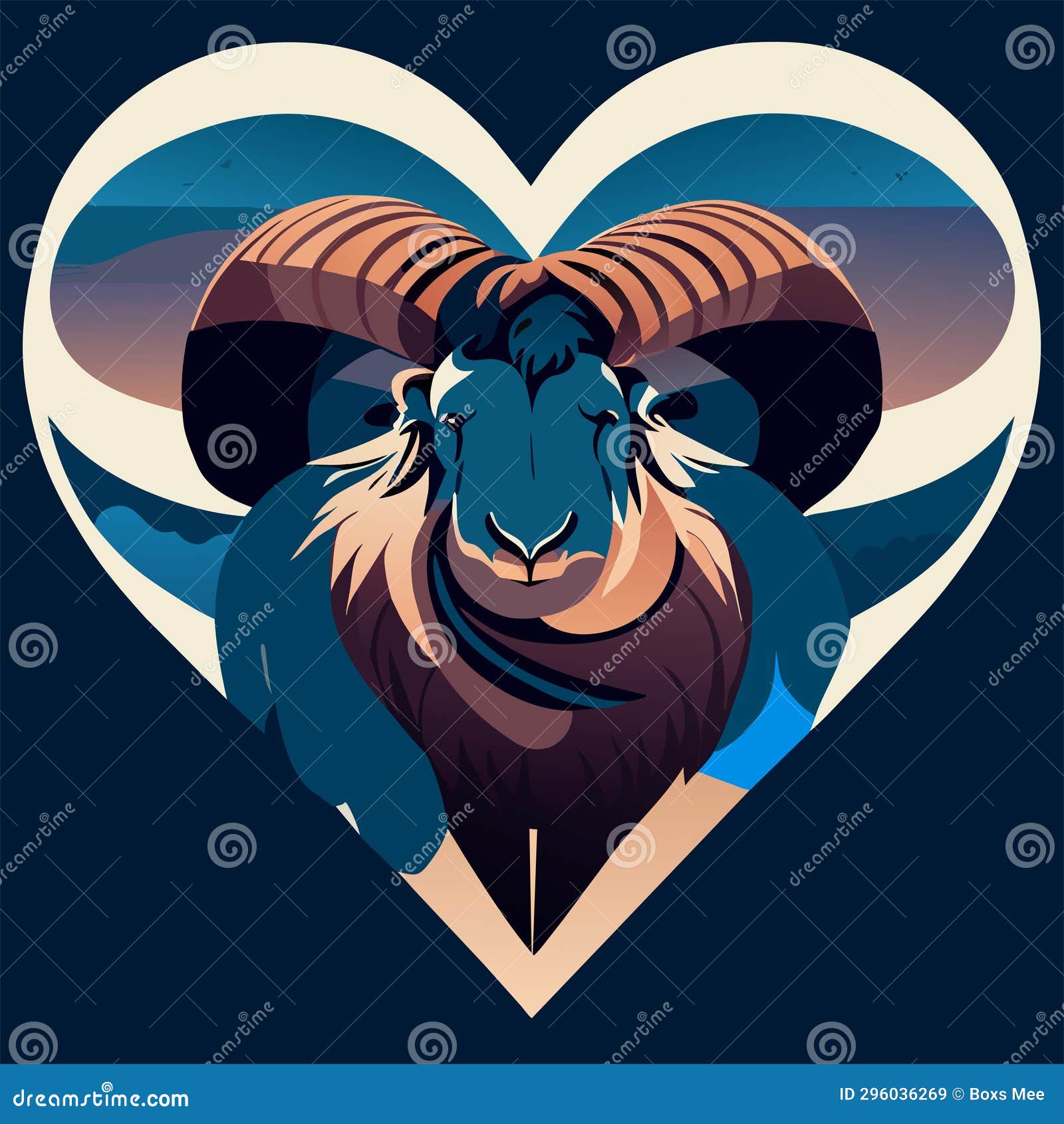 Vector Illustration of a Ram in a Heart Shape with a Blue Background ...