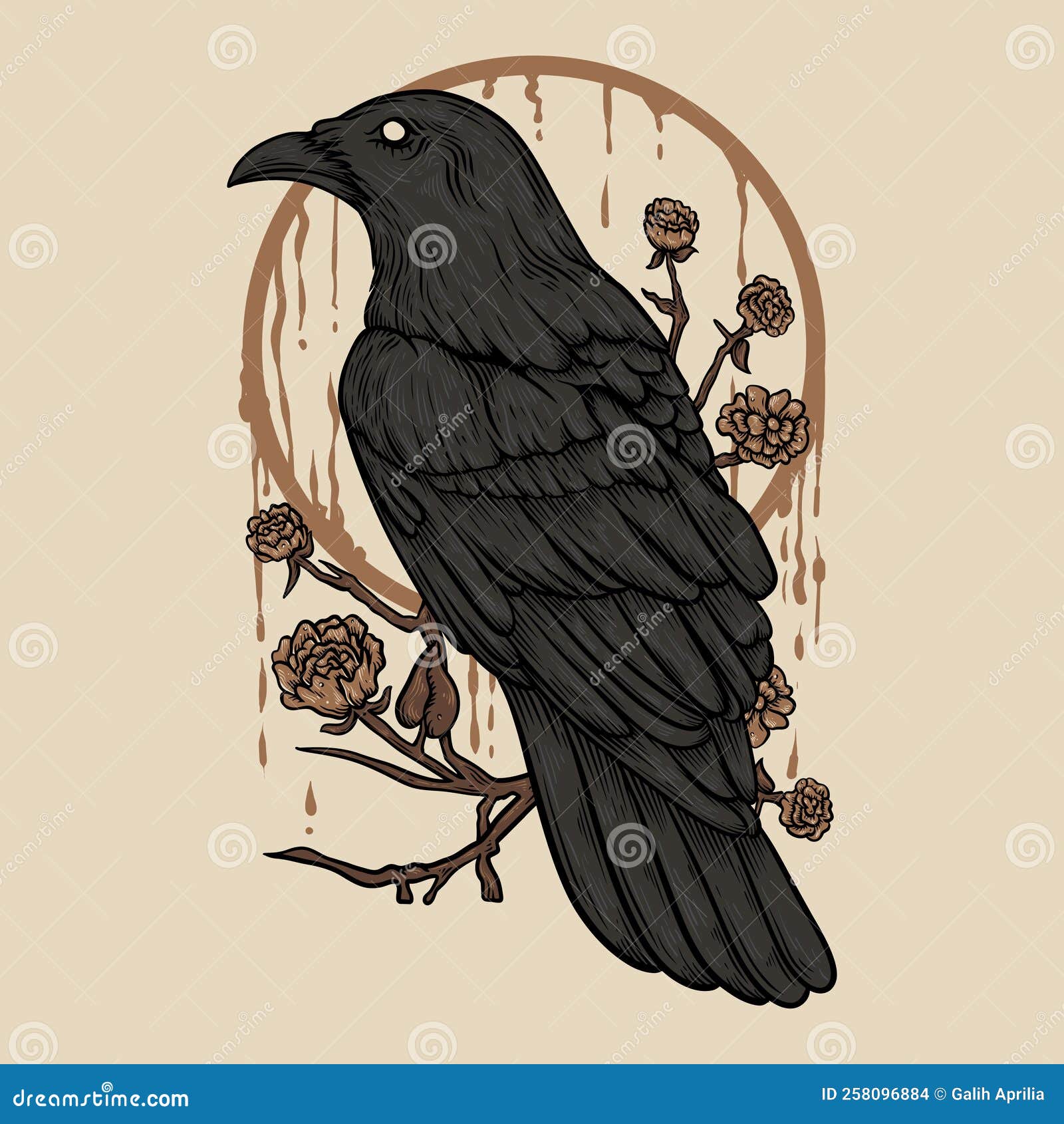 Vector Illustration Raven Perch on the Flower Branch with Flower ...