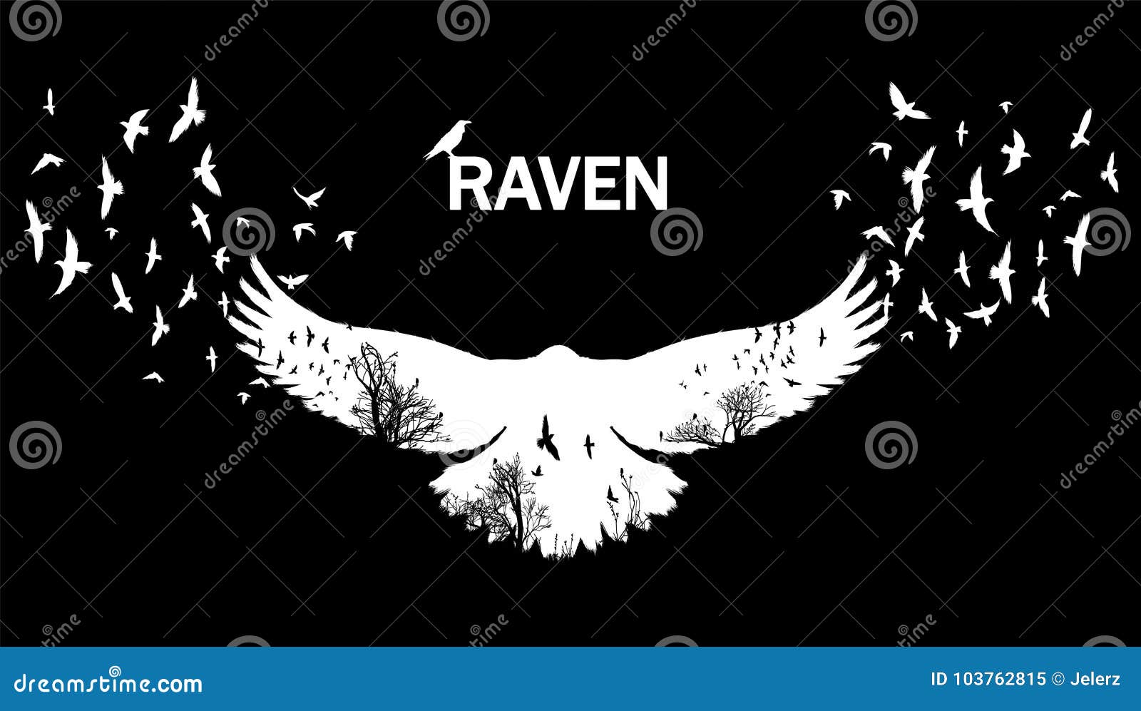 Vector Illustration Of The Raven Silhouette With The Fluttering Wings ...