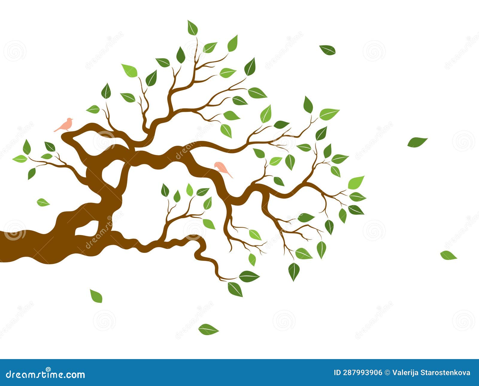 Vector Illustration of Realistic, Curl Tree Branch with Leaves and Two ...