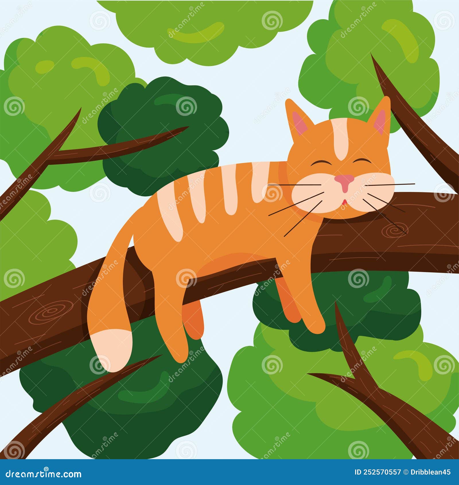 Vector Illustration of Relaxing Pet. Cartoon Red Cat Lay on Tree Branch ...