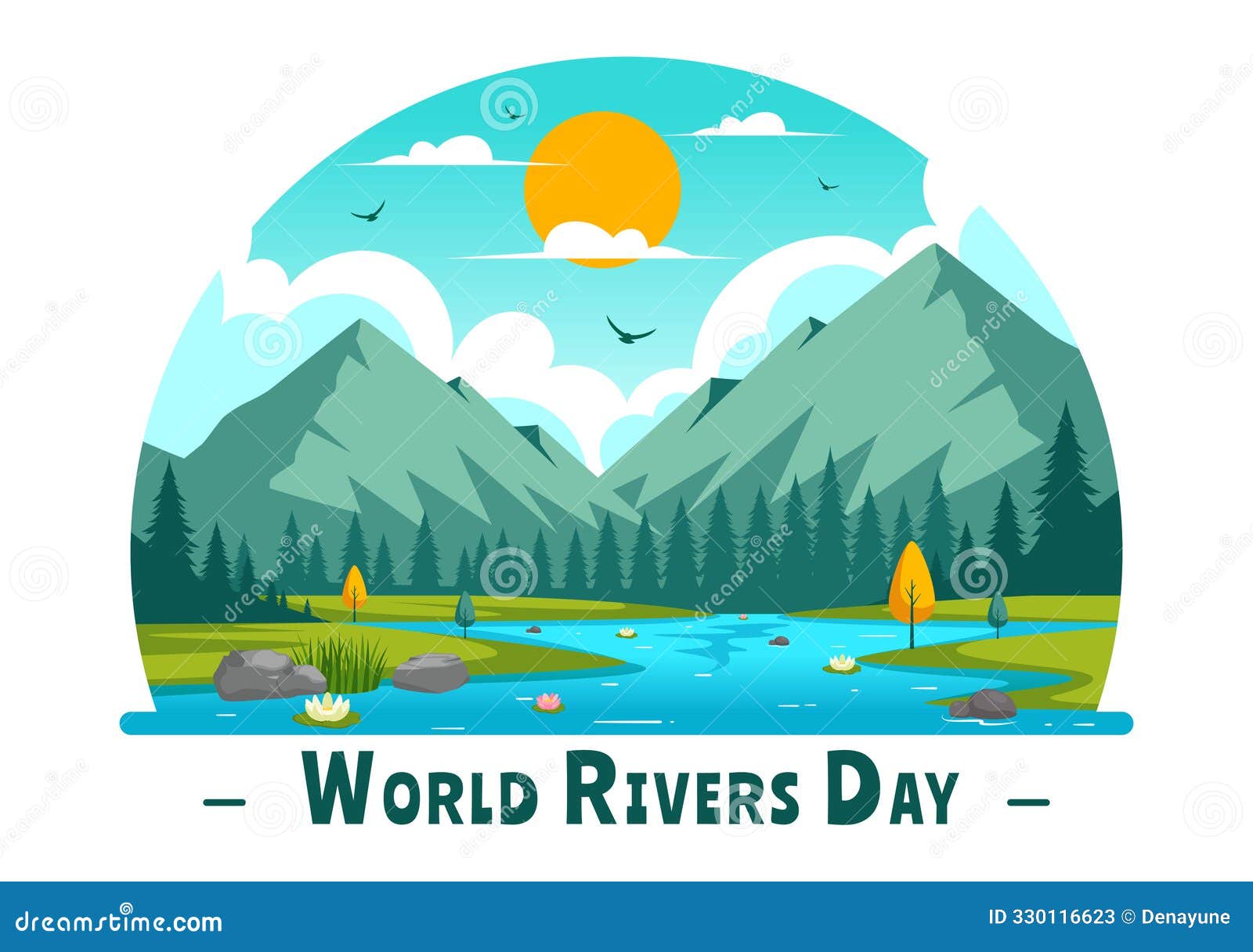 Vector Illustration of a River Landscape with Mountain Views, Green ...