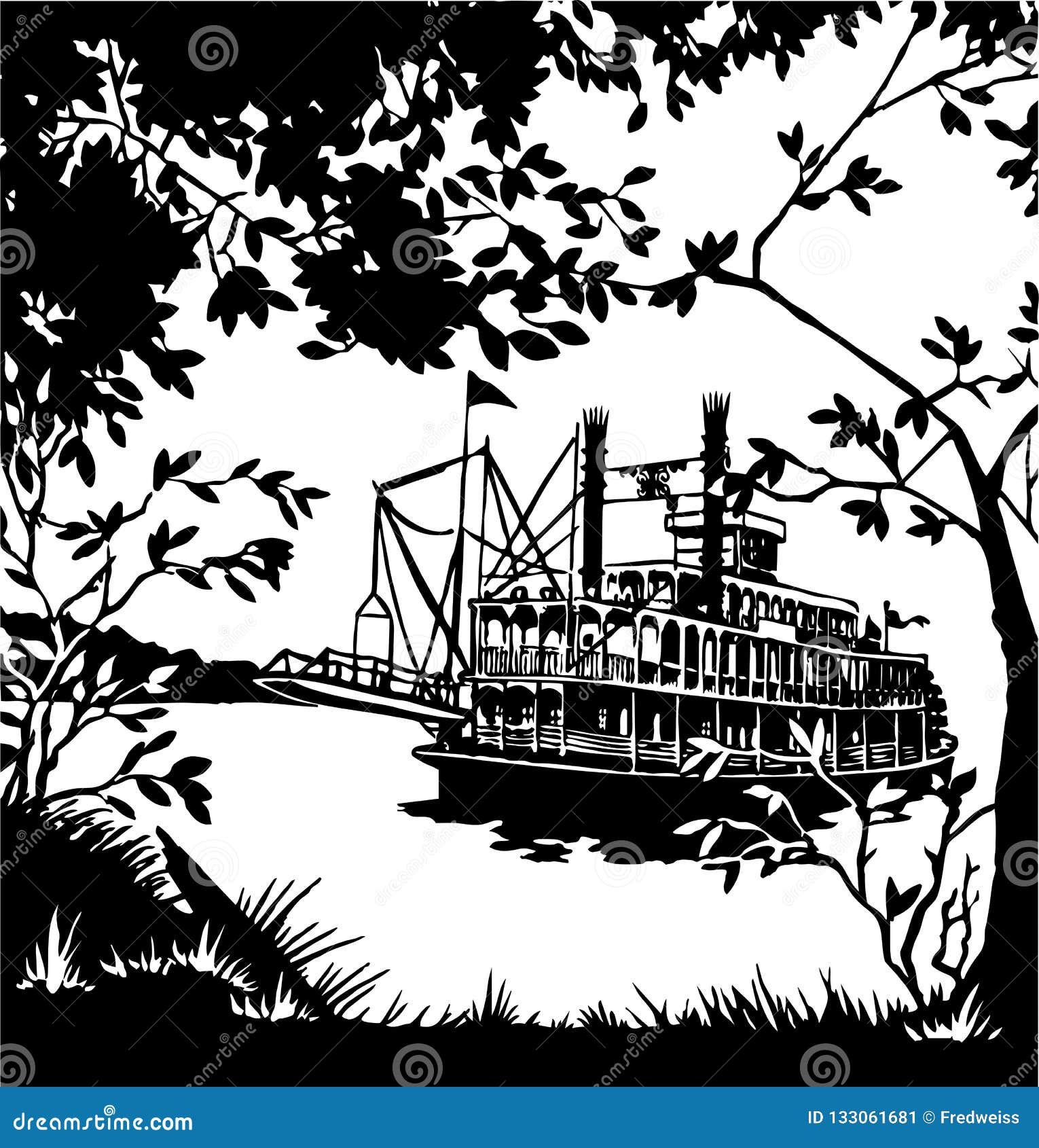 Riverboat Scene Illustration Cartoon Vector | CartoonDealer.com #133061681