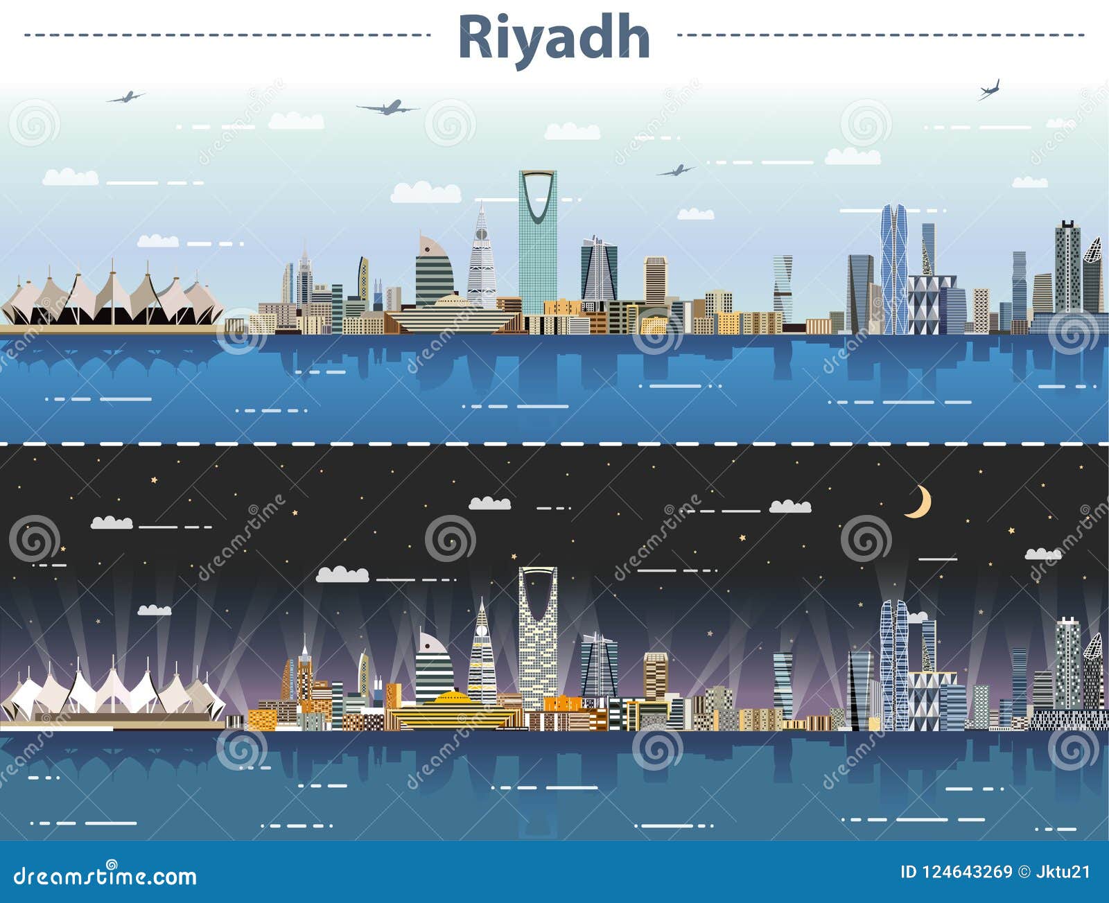 Vector Illustration of Riyadh Skyline at Day and Night Stock Vector ...