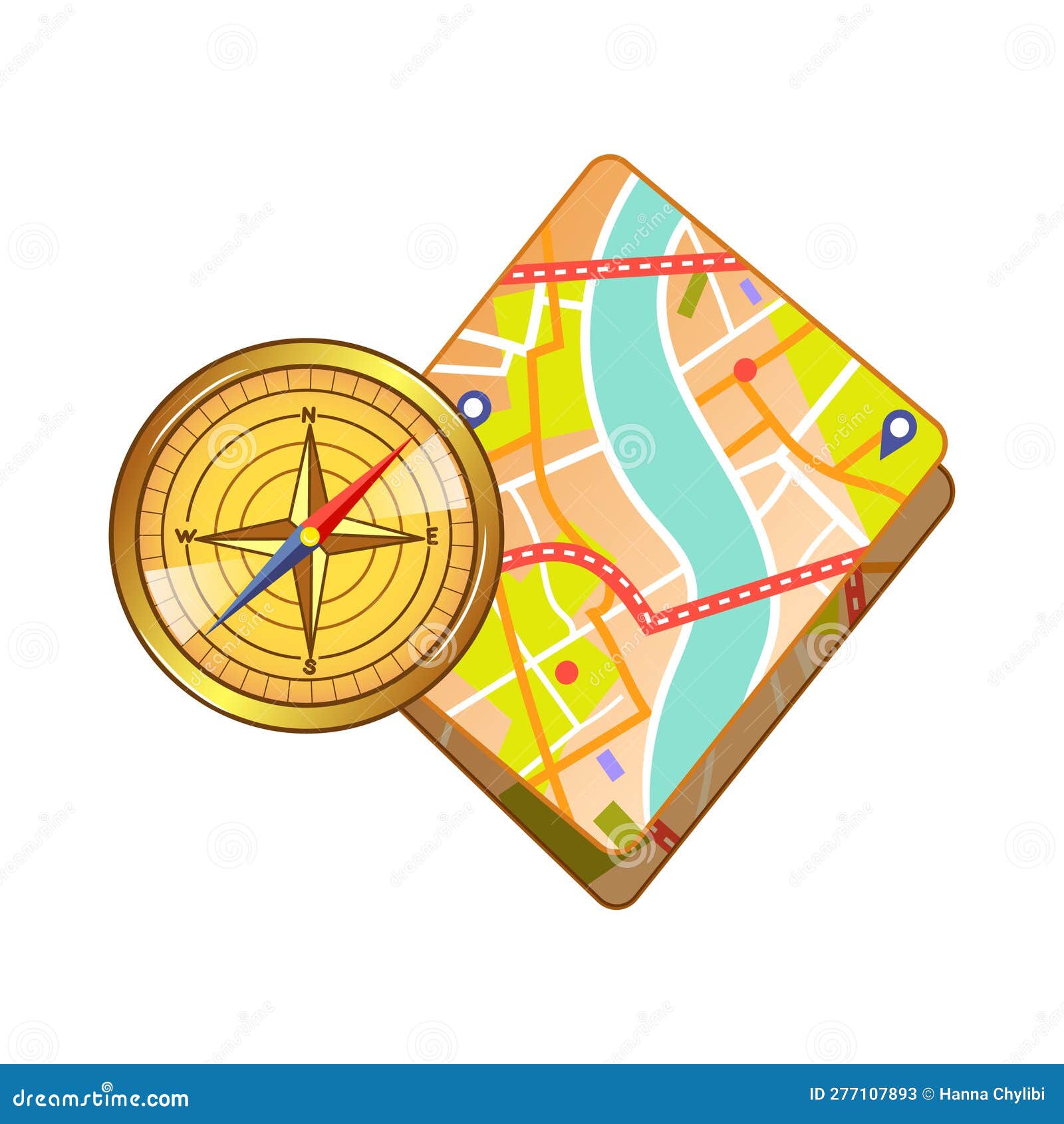 Vector Illustration of Road Map and Compass in Cartoon Style Isolated ...