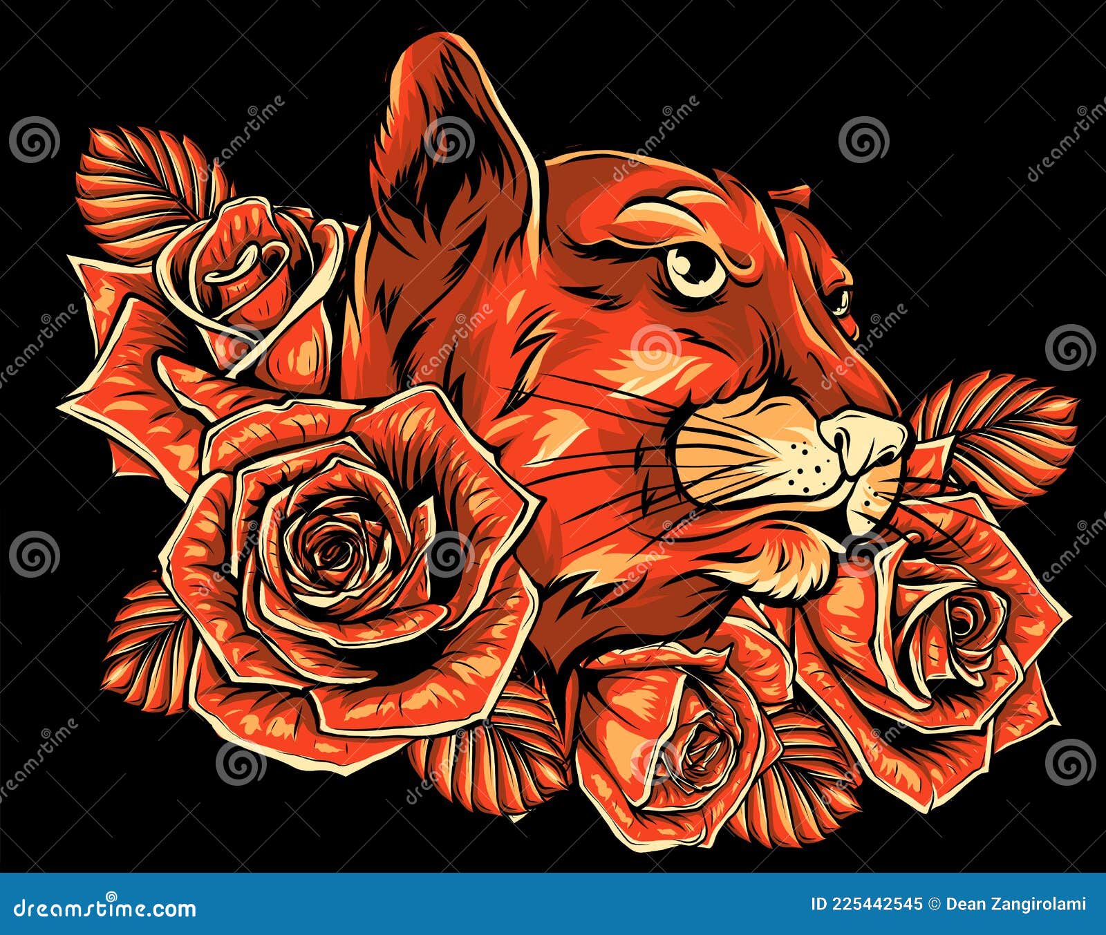 Vector Illustration of Roaring Puma Head and Roses Stock Vector ...