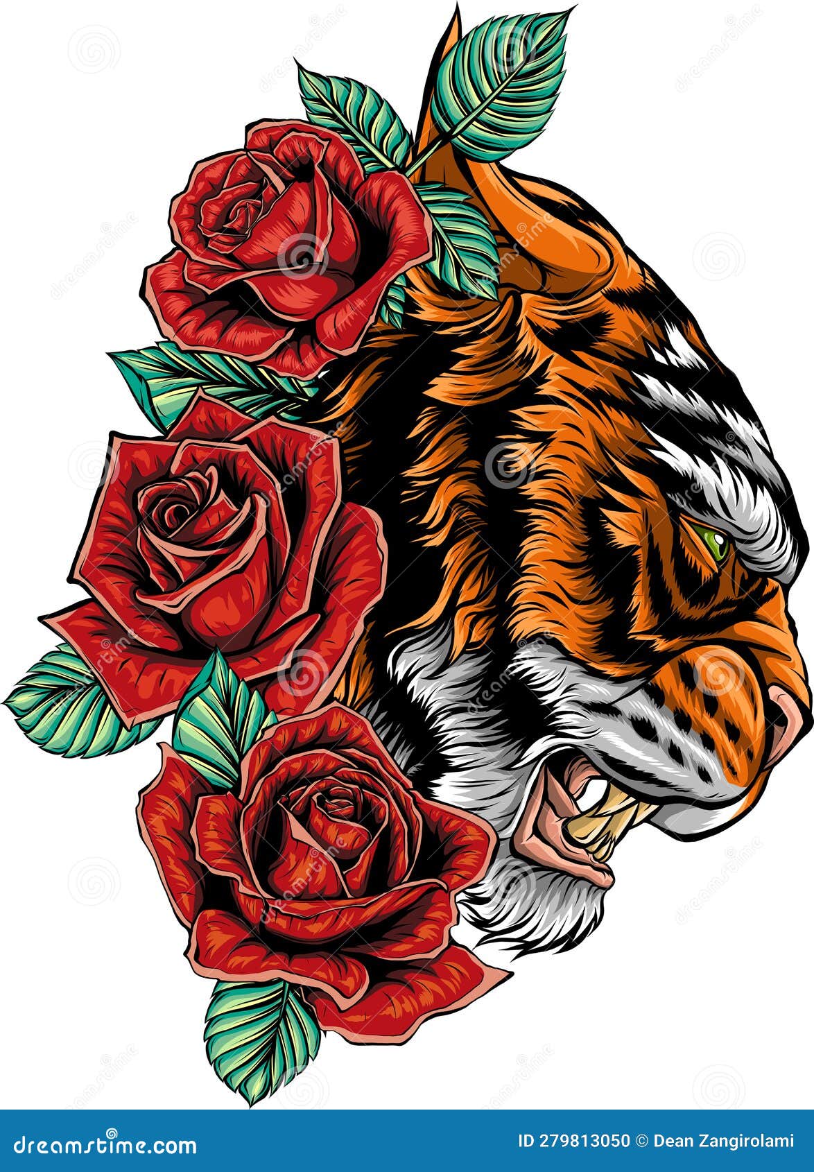Vector Illustration of Roaring Tiger Head and Roses Stock Vector ...