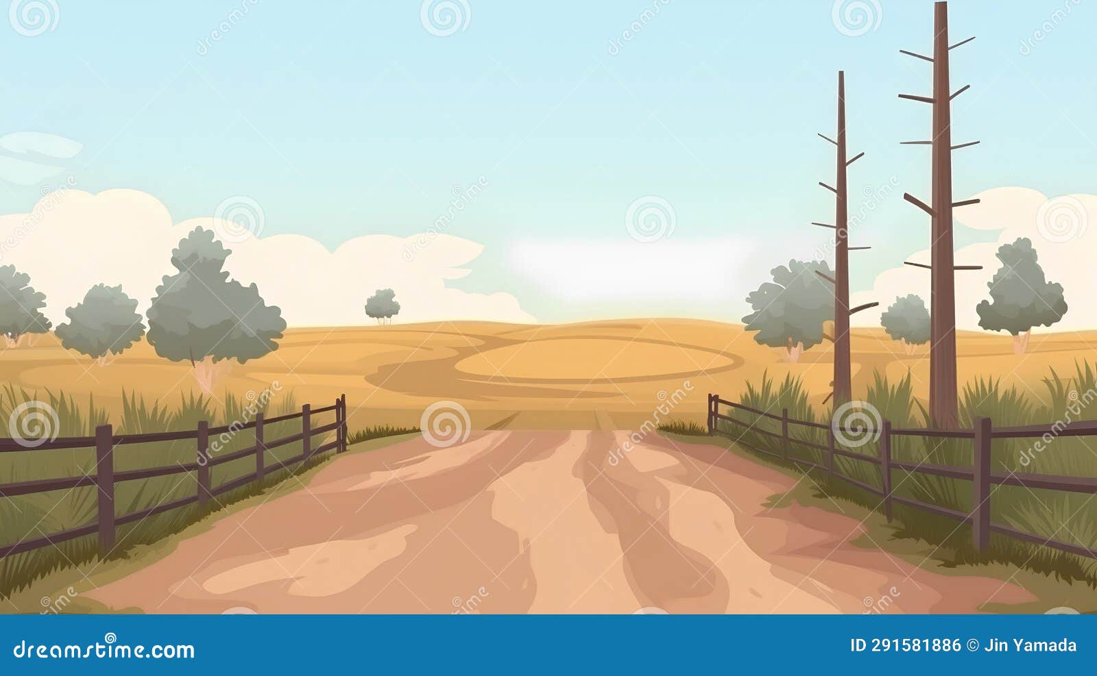 Vector Illustration of a Rural Road in the Field with Trees and Grass ...