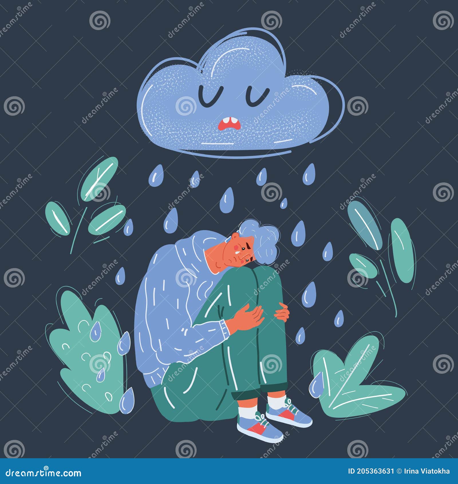 Vector Illustration of Sad Man Under Rain Cloud on Dark. Stock Vector ...