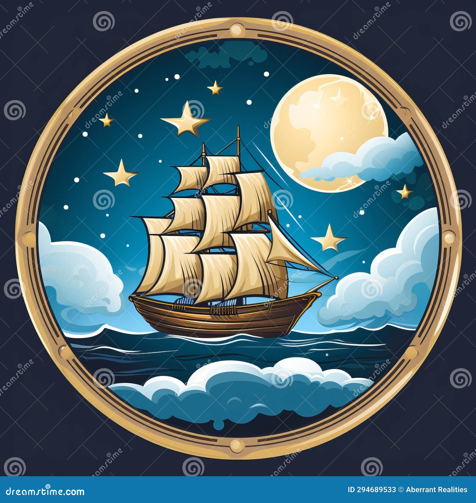 Vector Illustration of a Sailing Ship in the Night Sky with the Moon ...