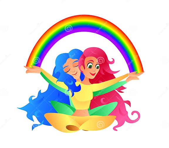 Vector Illustration Of A Same Sex Couple Of Lesbians Who Hold A Rainbow