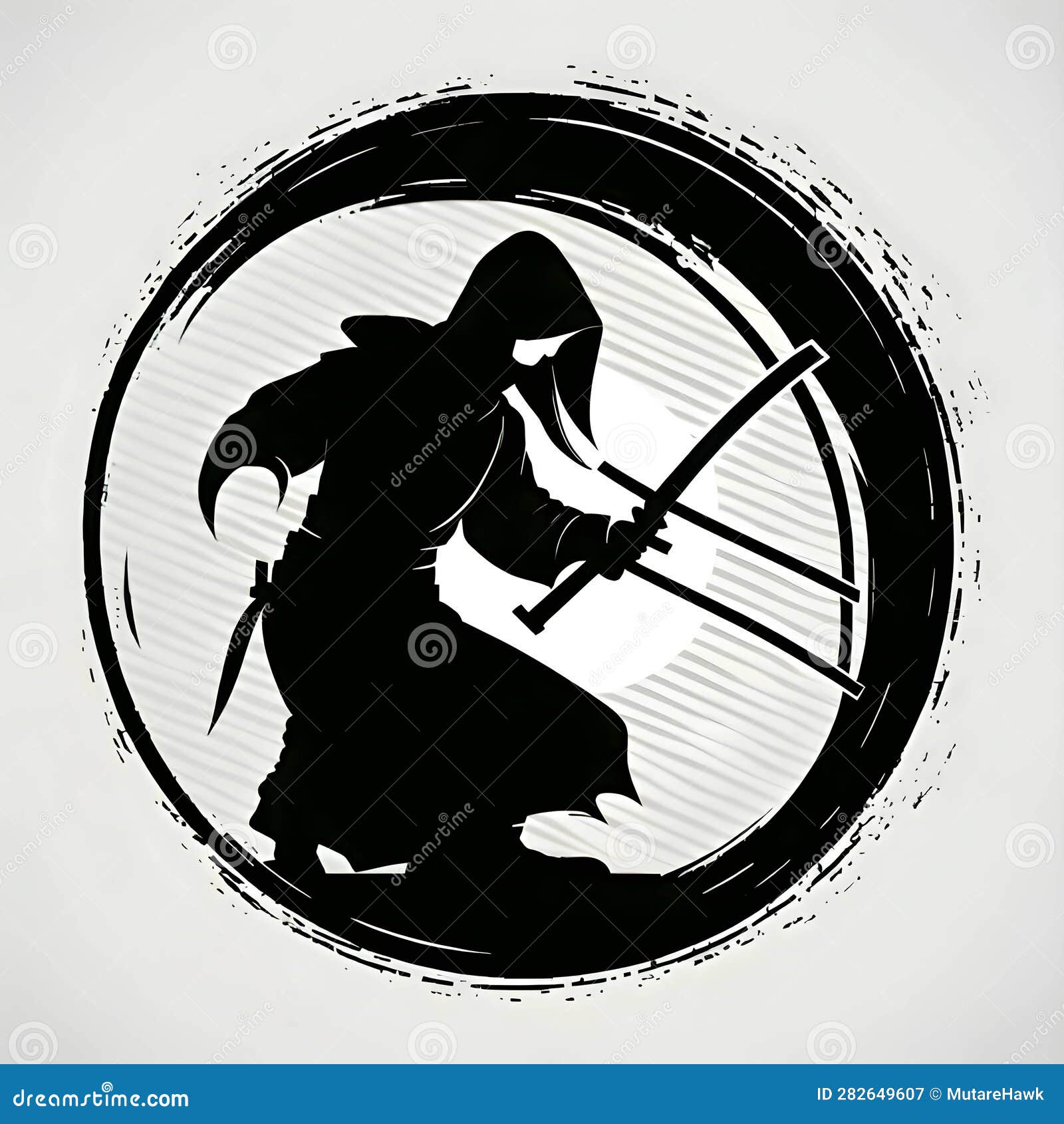 Black Silhouette of Samurai in a Circle on White Background Stock ...