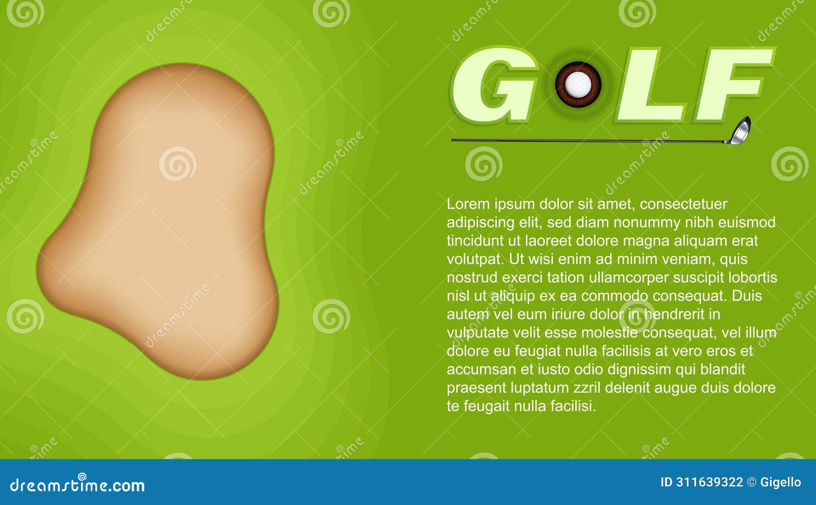 Vector Illustration of Sand Bunker on the Golf Course with Club and ...