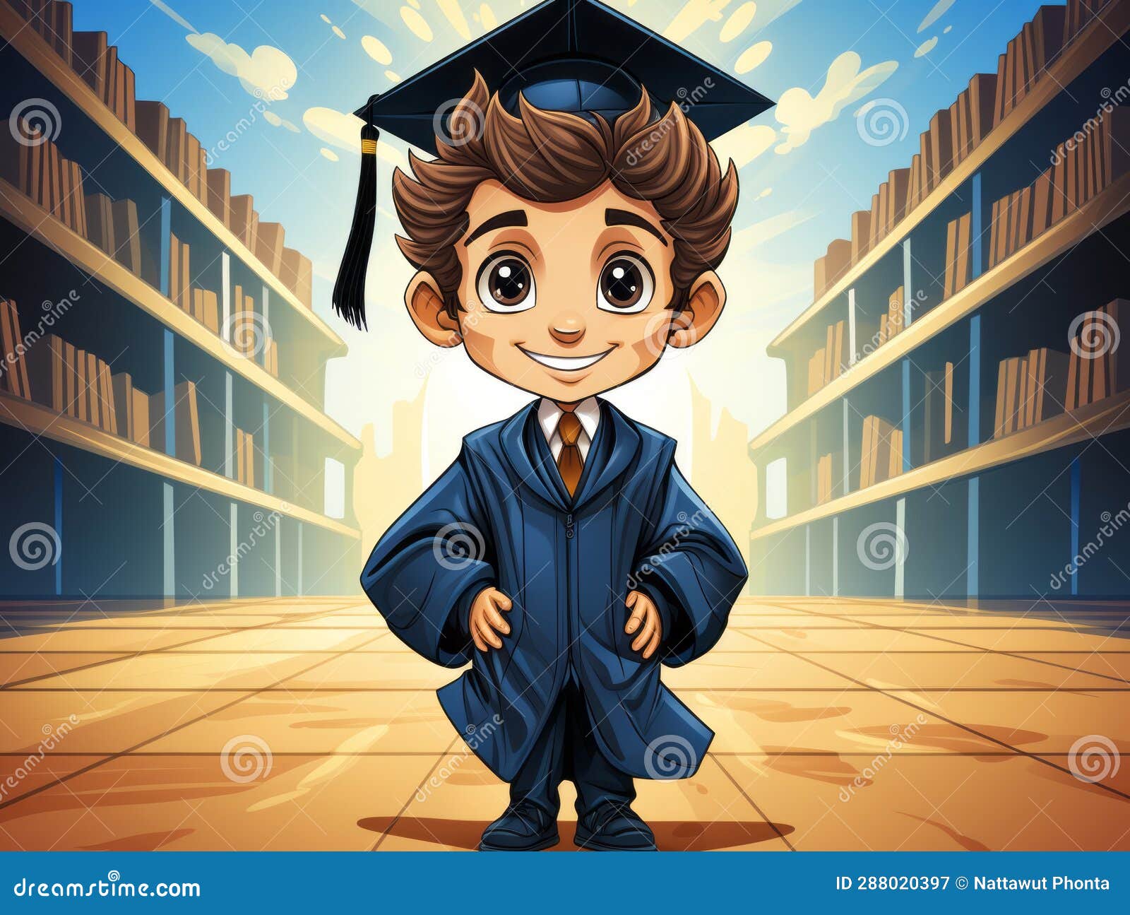 Vector Illustration of a School Boy in Graduation Gown Standing in the ...