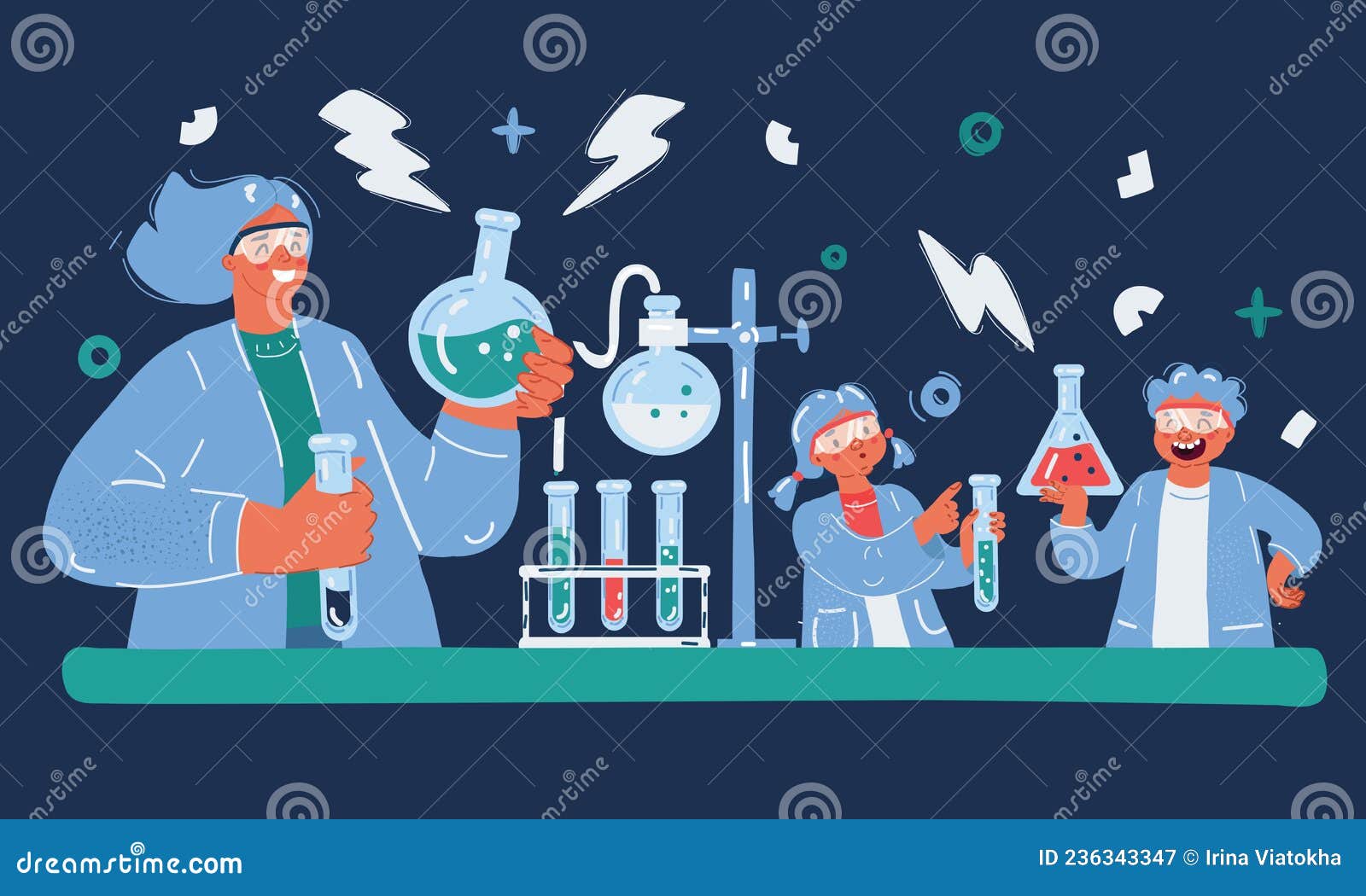 Vector Illustration of Scientist and Kid Doing Experiment Surrounded by ...