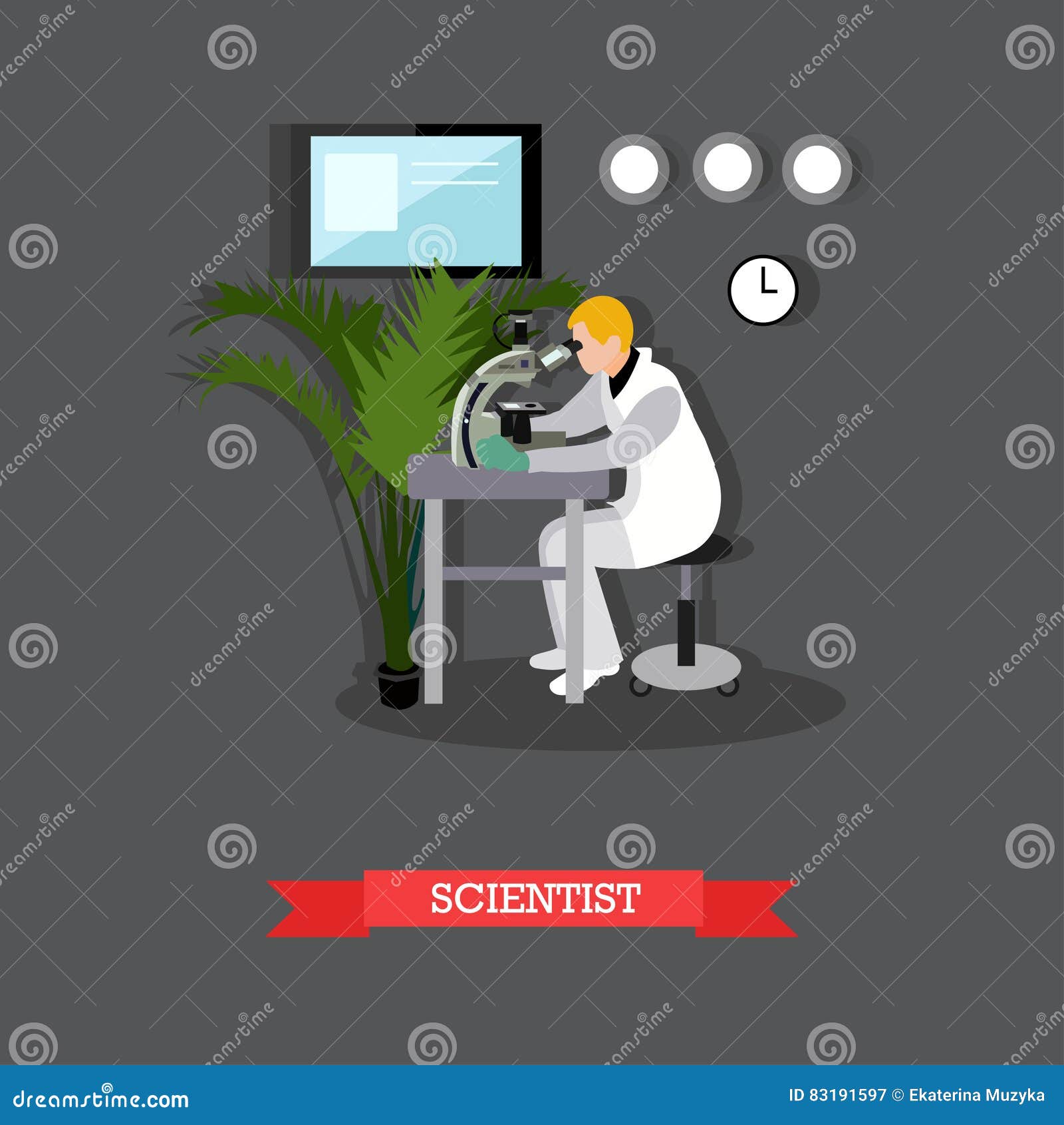 Vector Illustration of Scientist Looking through Microscope in Flat ...