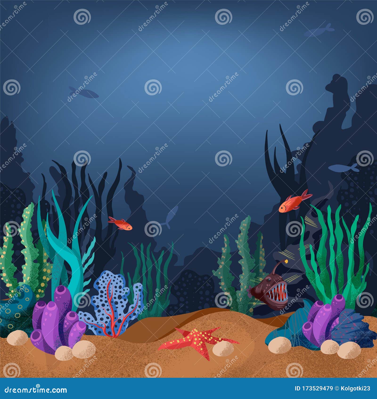 Seabed With Marine Animals. Vector Coloring For Kids, Cartoon ...