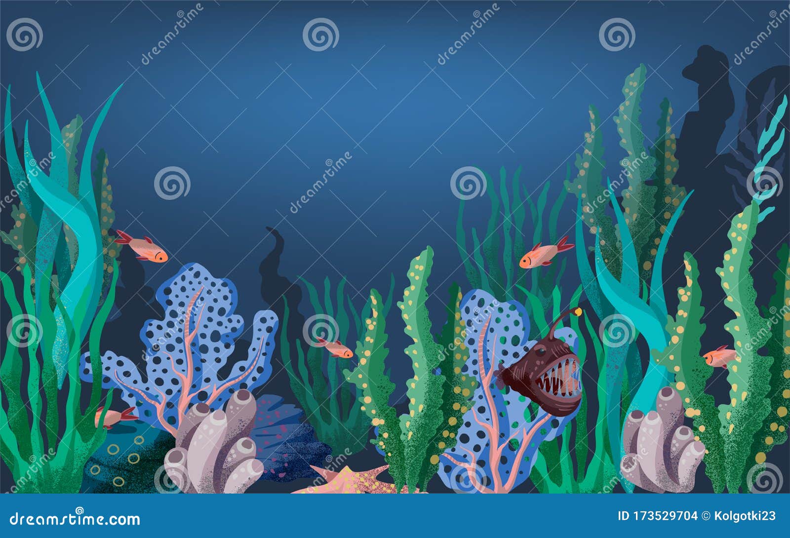 Vector Illustration of the Seabed with Fish and Marine Plants. Stock ...