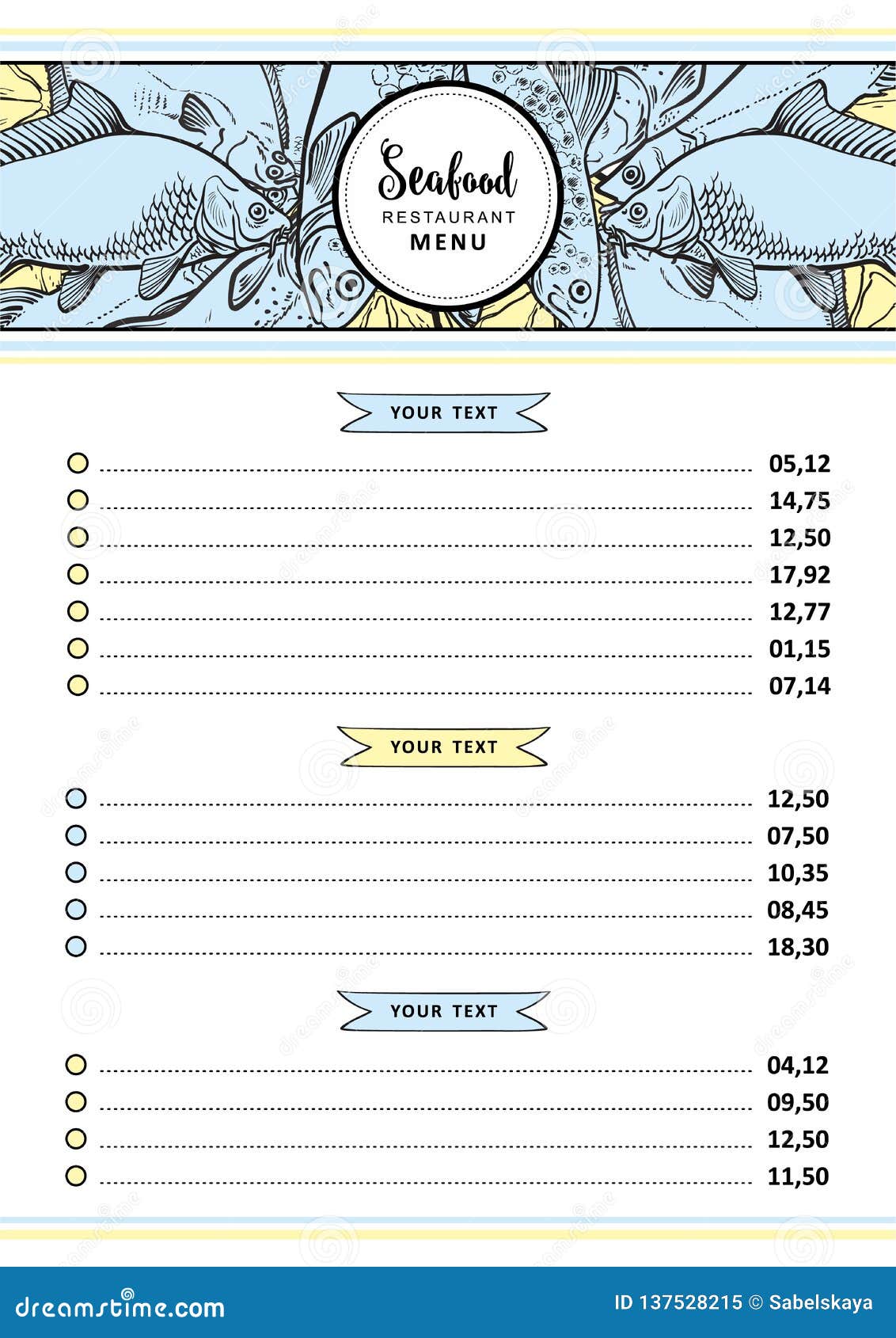Vector Illustration of Seafood Restaurant Menu Template with Header of ...