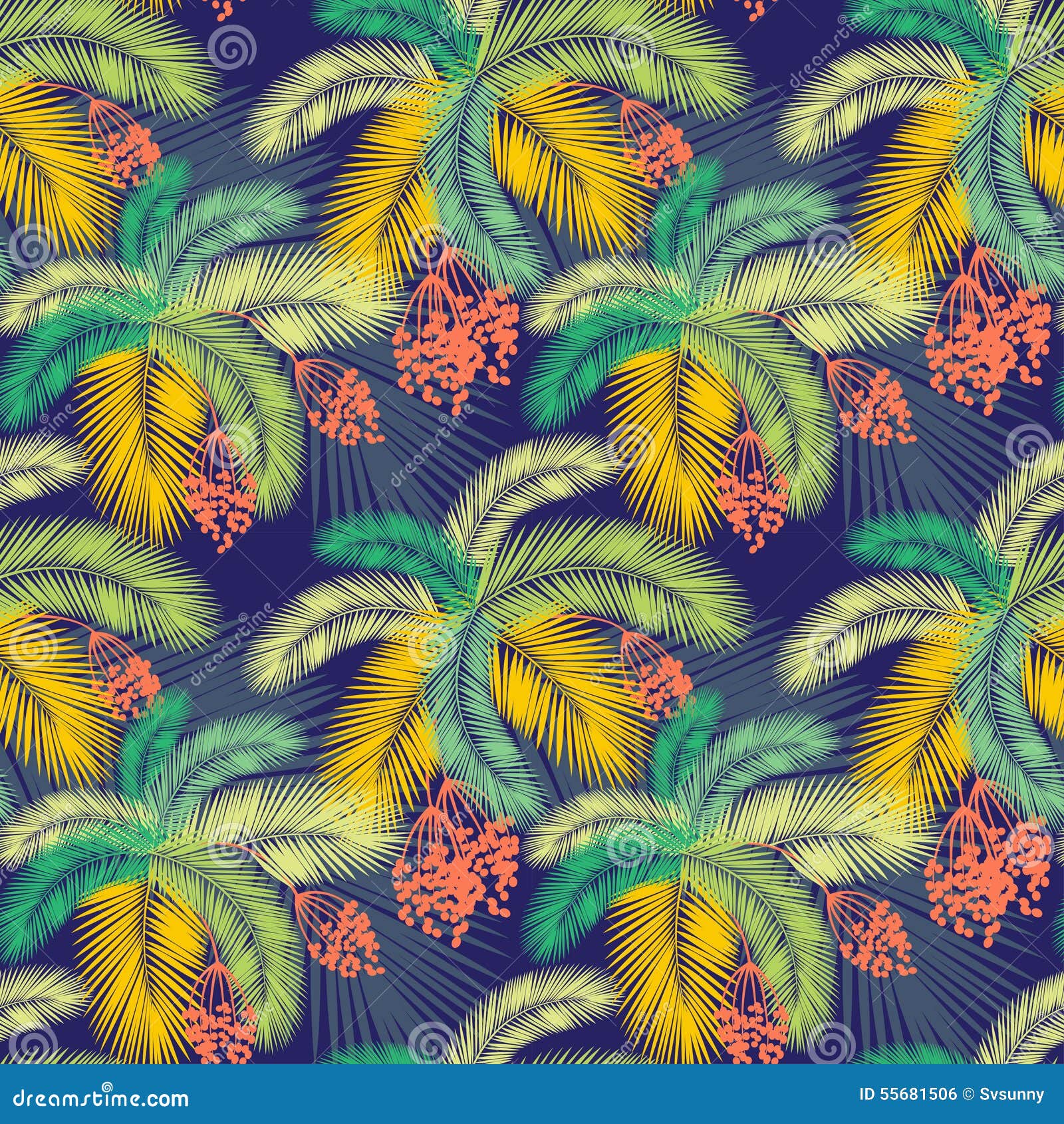 Vector Illustration Seamless Color Palm Leaves And Fruit Pattern ...