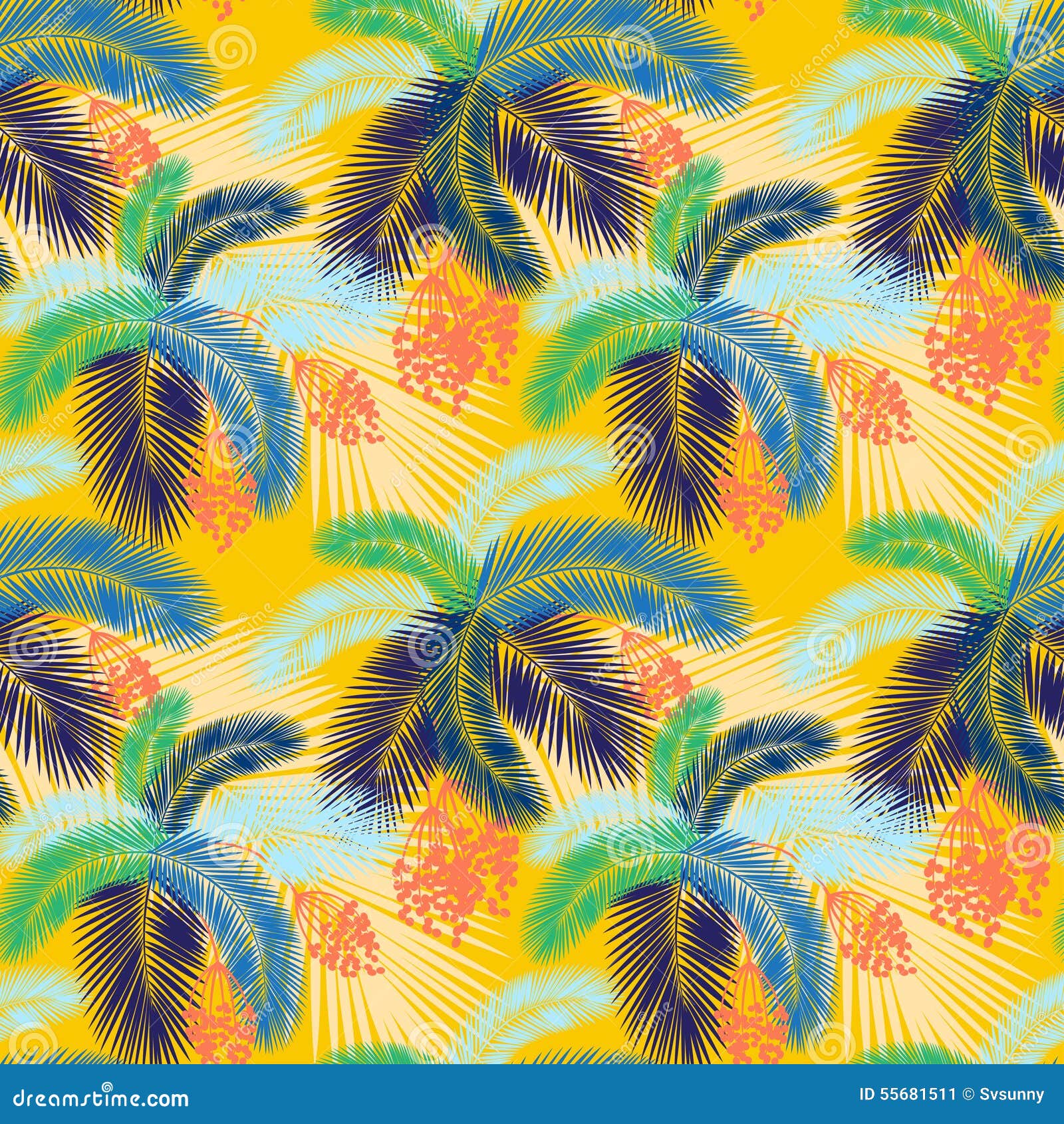 Vector Illustration Seamless Color Palm Leaves And Fruit Pattern ...