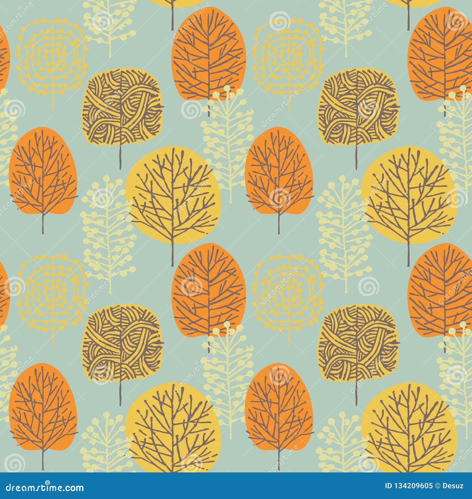 Seamless Pattern with Trees. Drawing of Autumn Forest by Hand. Stock ...