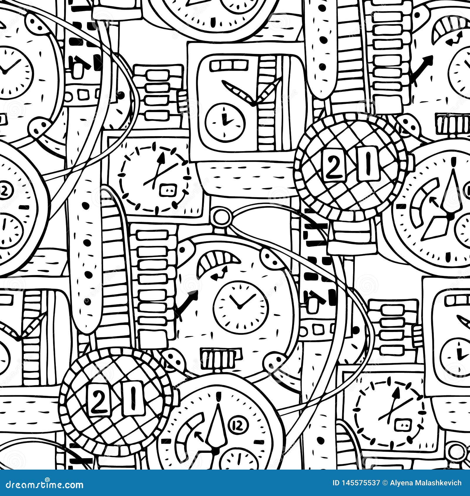 Vector Illustration. Seamless Pattern of Different Clocks in Doodle ...