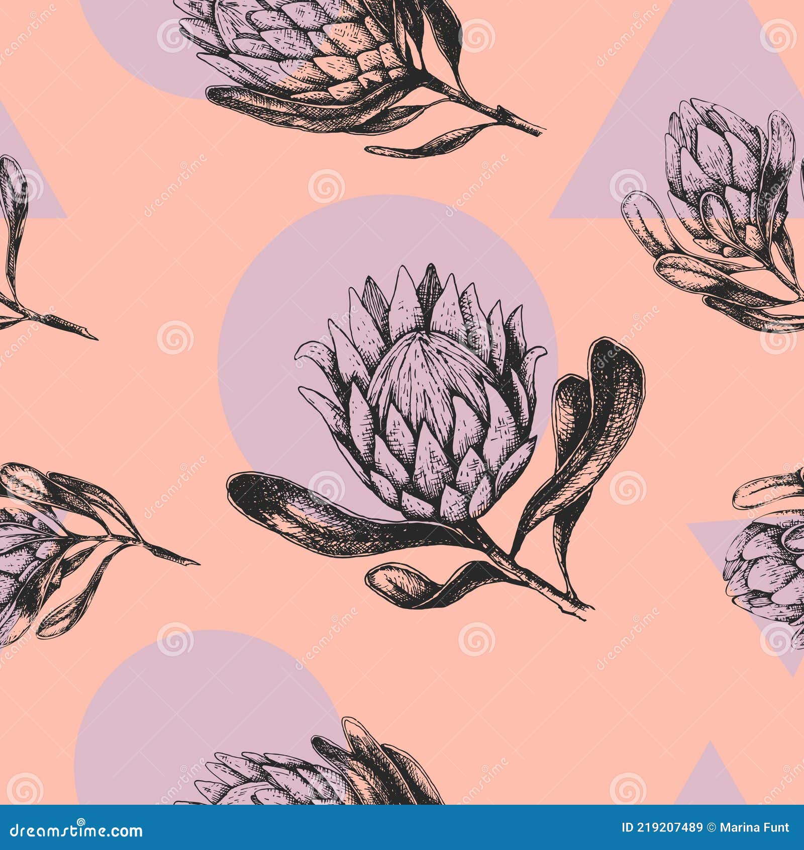 Vector Illustration of a Seamless Pattern with Large Gray Protea Flower Buds and Circles and ...