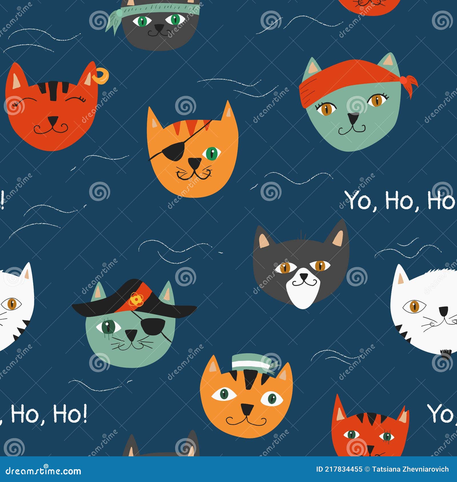 Vector Illustration, Seamless Pattern with Pirates Cats and Waves Stock ...