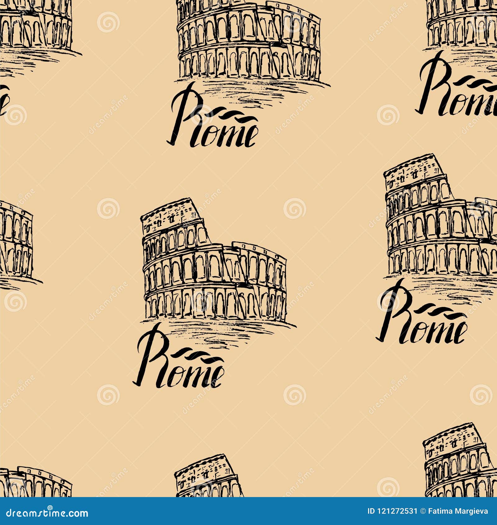 Seamless Pattern with Rome Label, Hand Drawn Coliseum, Lettering Rome ...