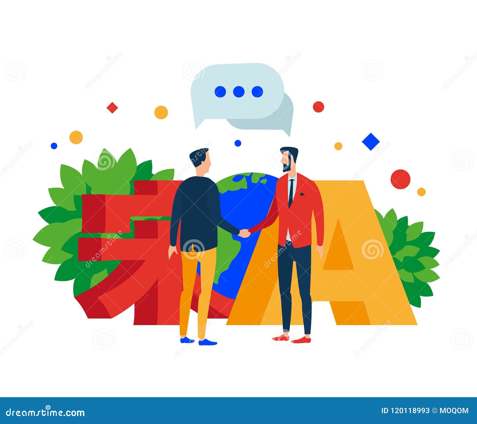 Communication in Different Languages. Two People Shake Hands. the ...