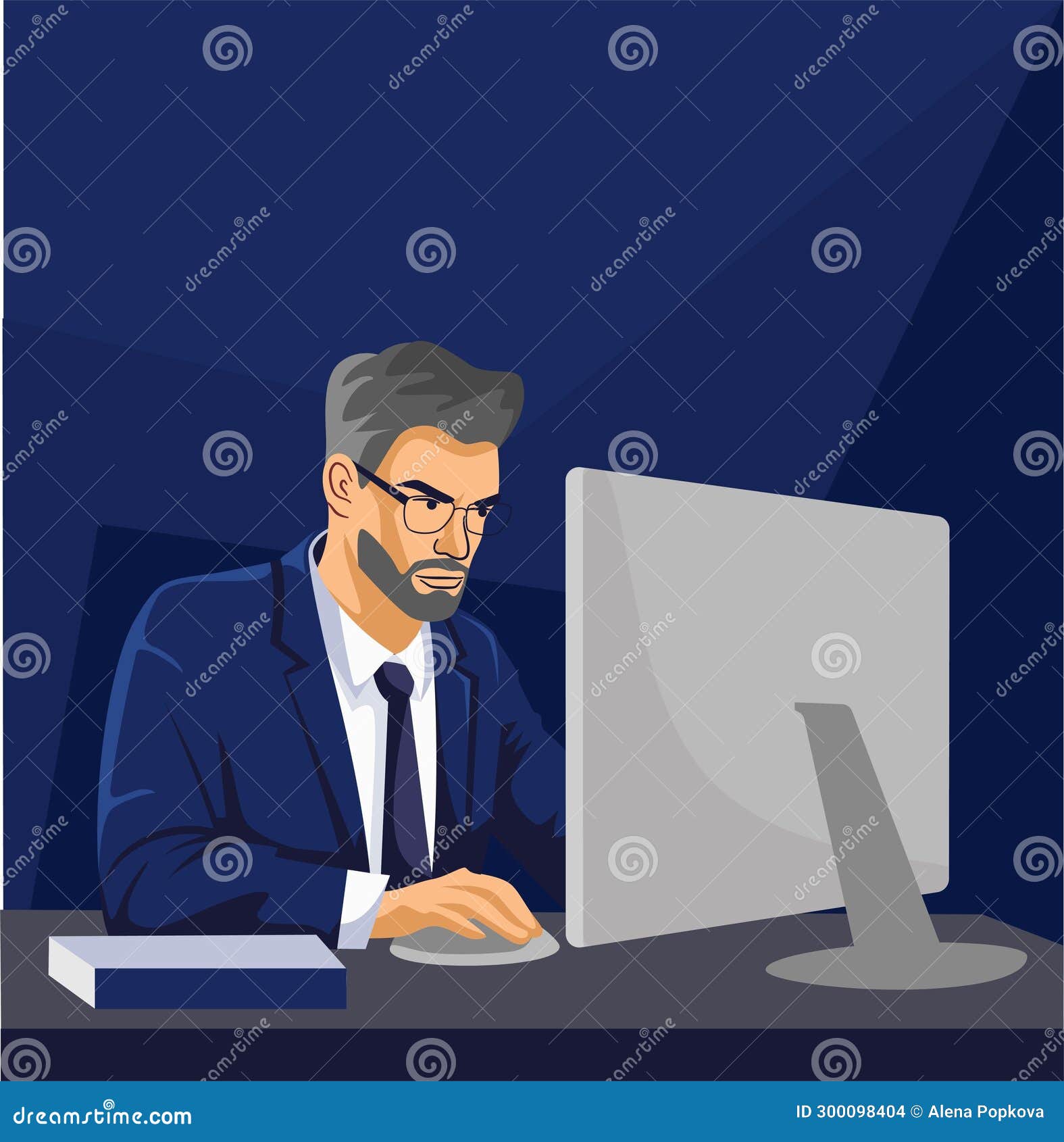 Vector Illustration. Serious Man in a Business Suit Working at a Laptop ...