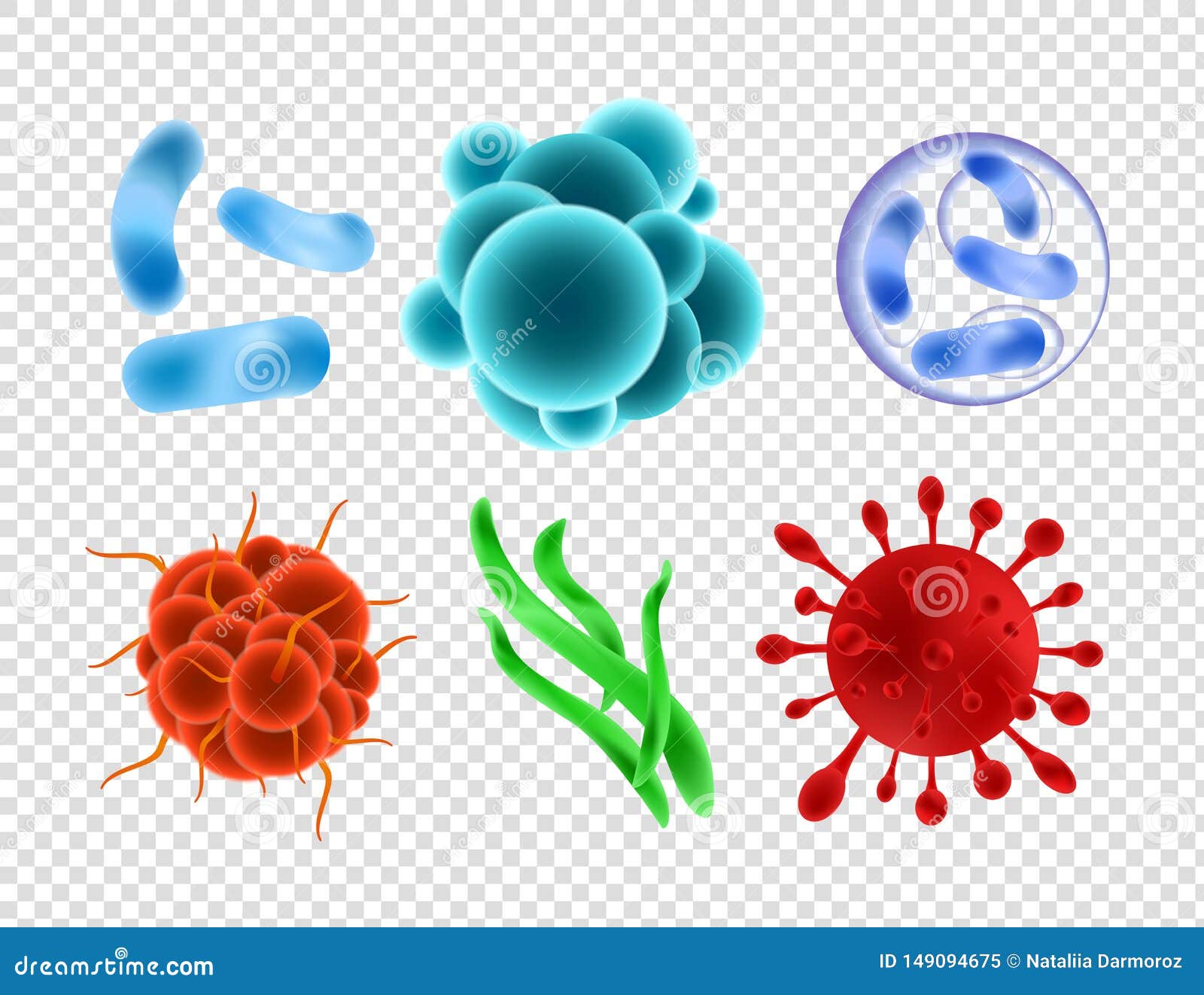 Vector Illustration Set Of Bacterias And Virus Parasites Close Up Microscopic Cells Isolated