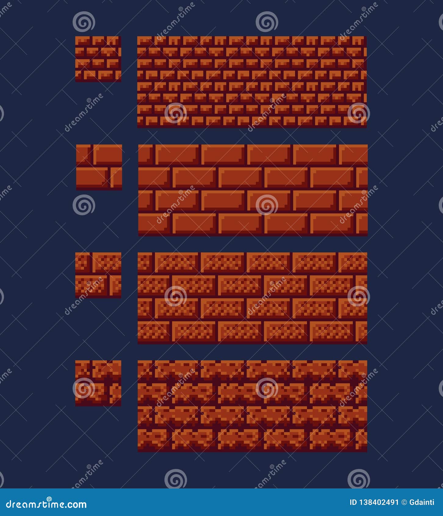Vector Illustration - Set Of 8 Bit 16x16 Red Brick Texture. Pixel Art ...