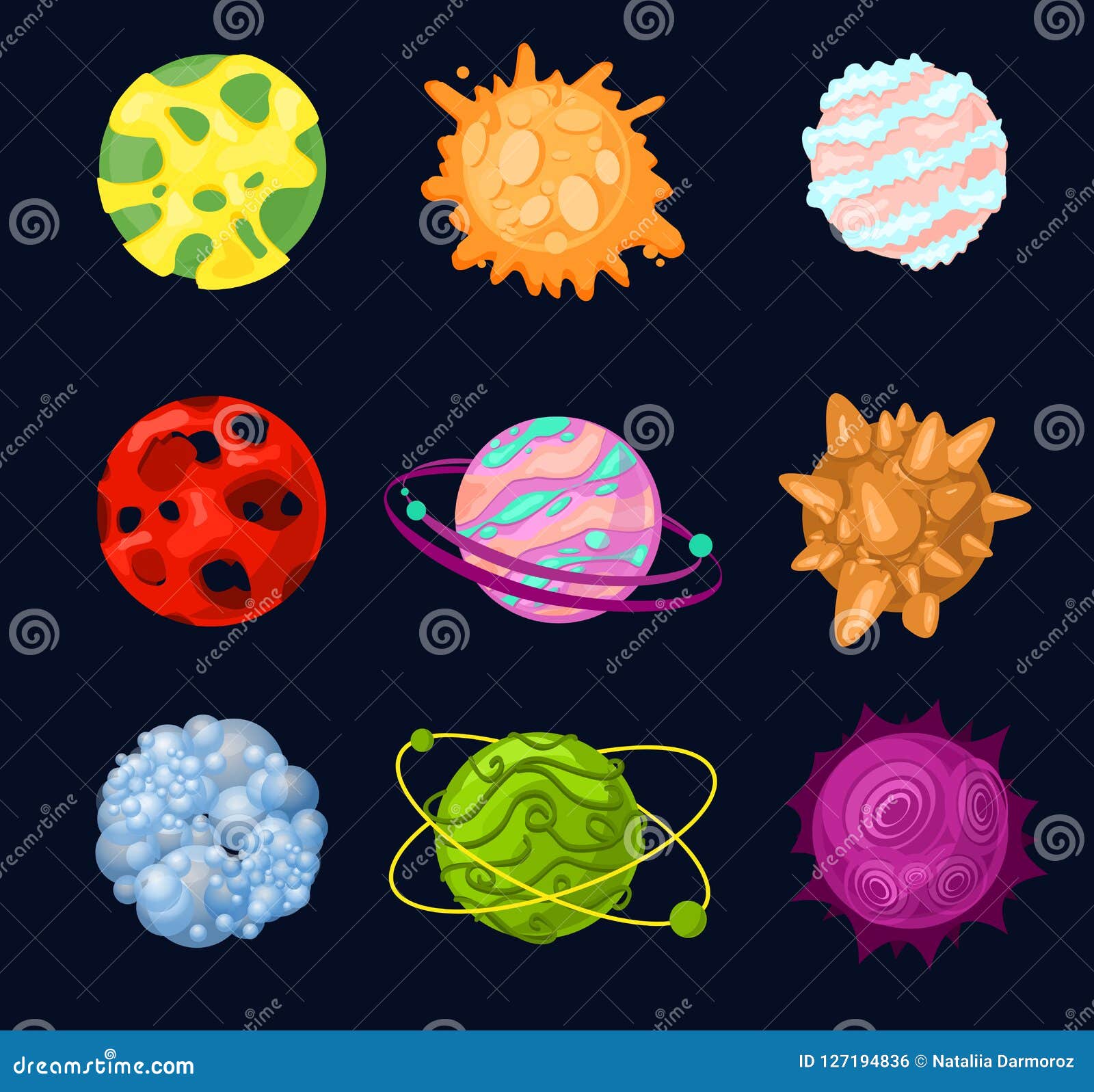 Vector Illustration Set of Bright Color Cartoon Fantastic Planets and ...