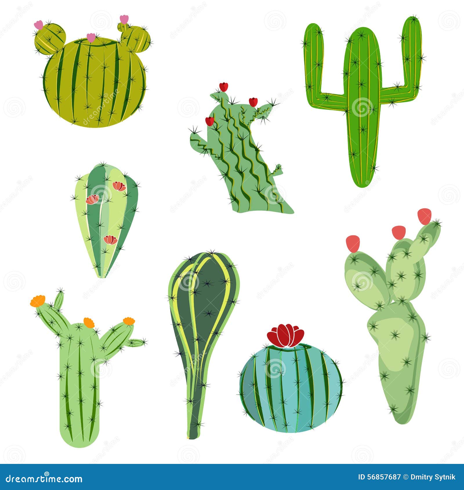 Vector Illustration Set Cactus with Flowers in Flat Style Stock ...