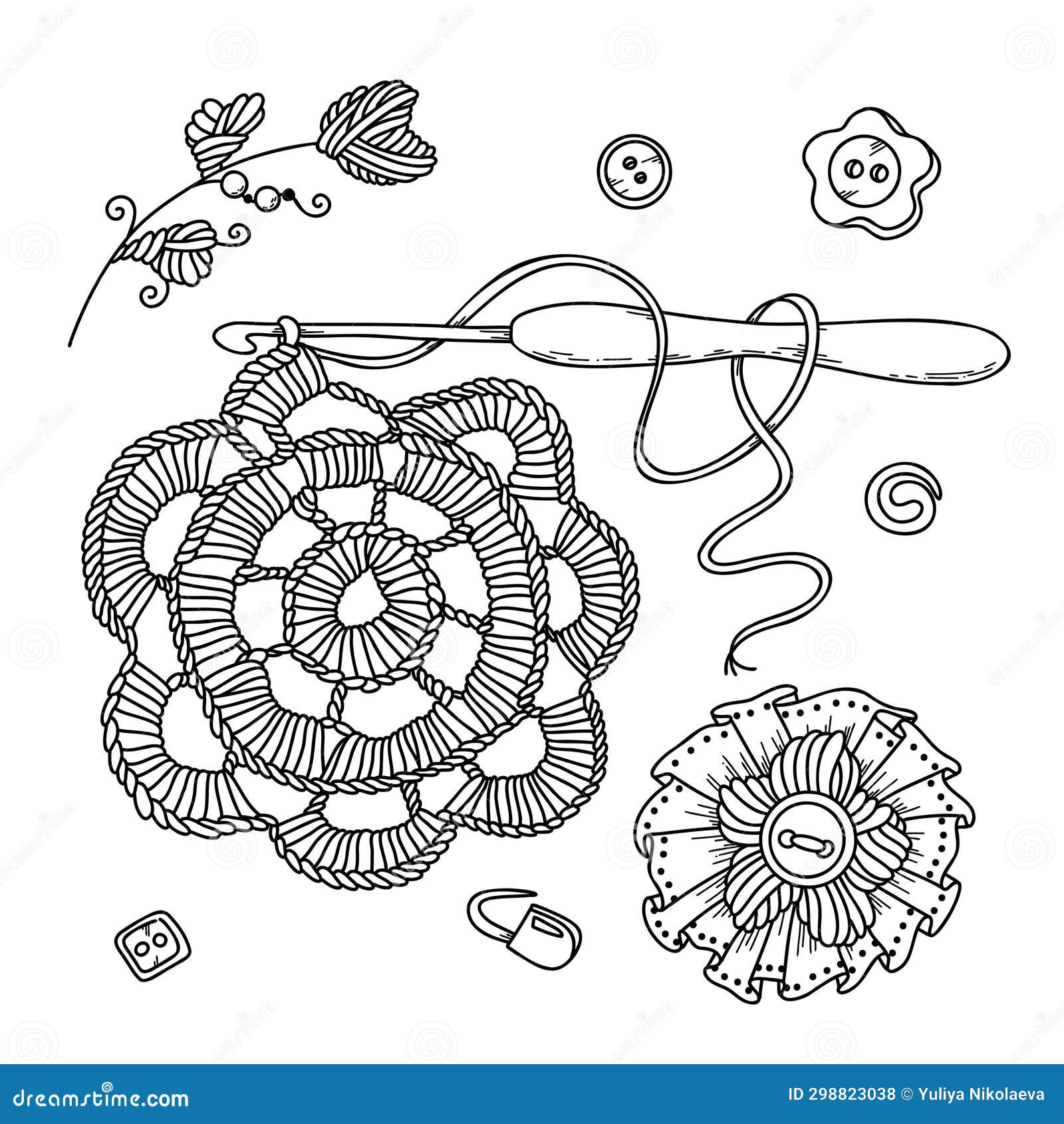 Vector Illustration Set of Crochet Elements in Doodle Hand Drawing ...
