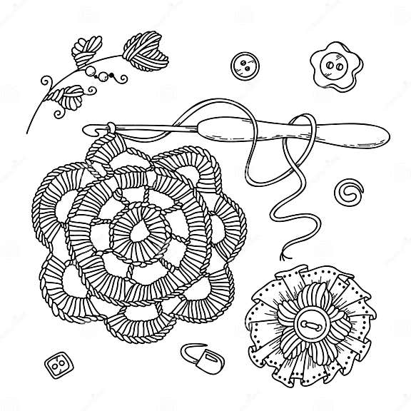 Vector Illustration Set of Crochet Elements in Doodle Hand Drawing ...