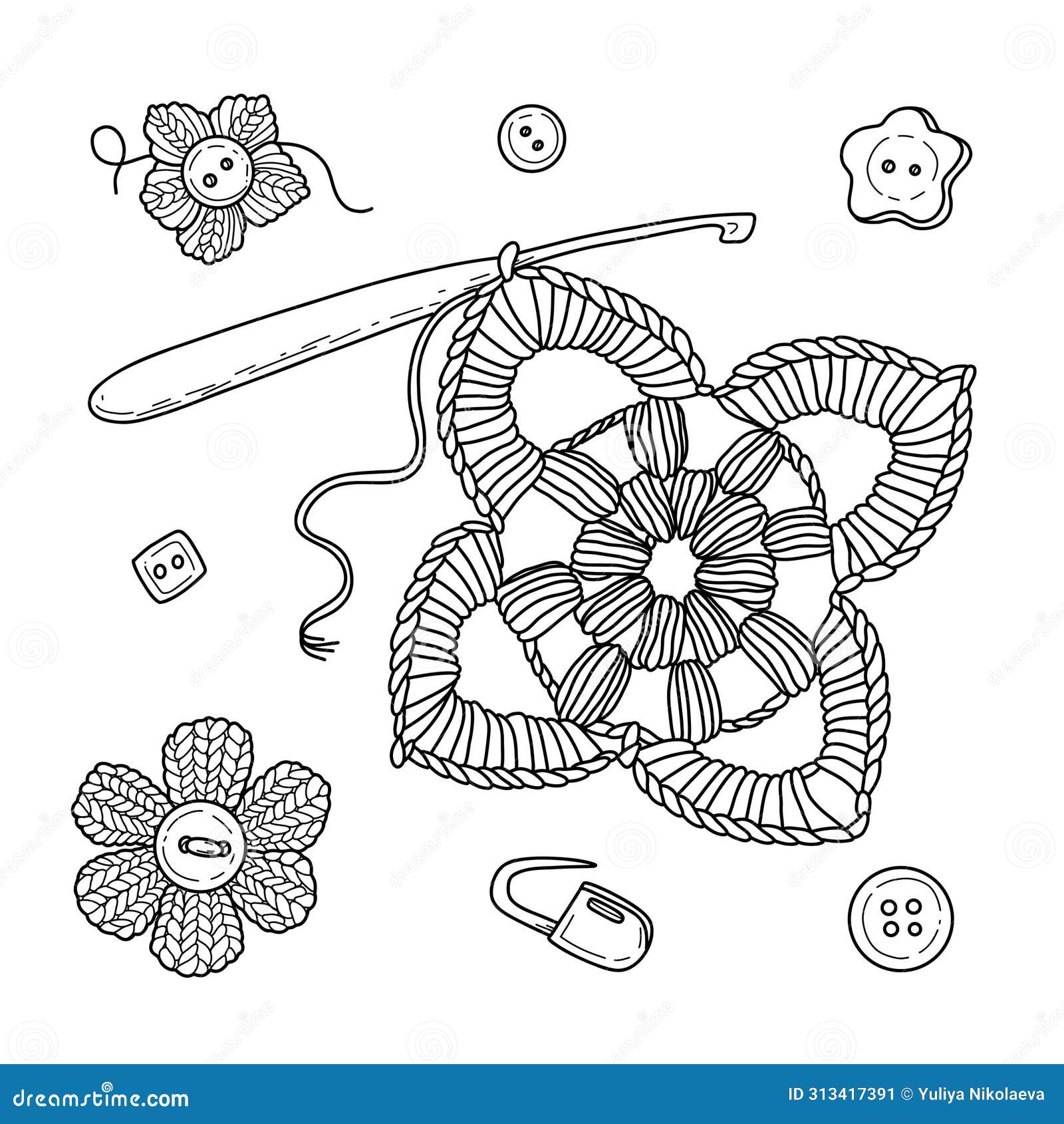 Vector Illustration Set of Crochet Elements in Doodle Hand Drawing ...