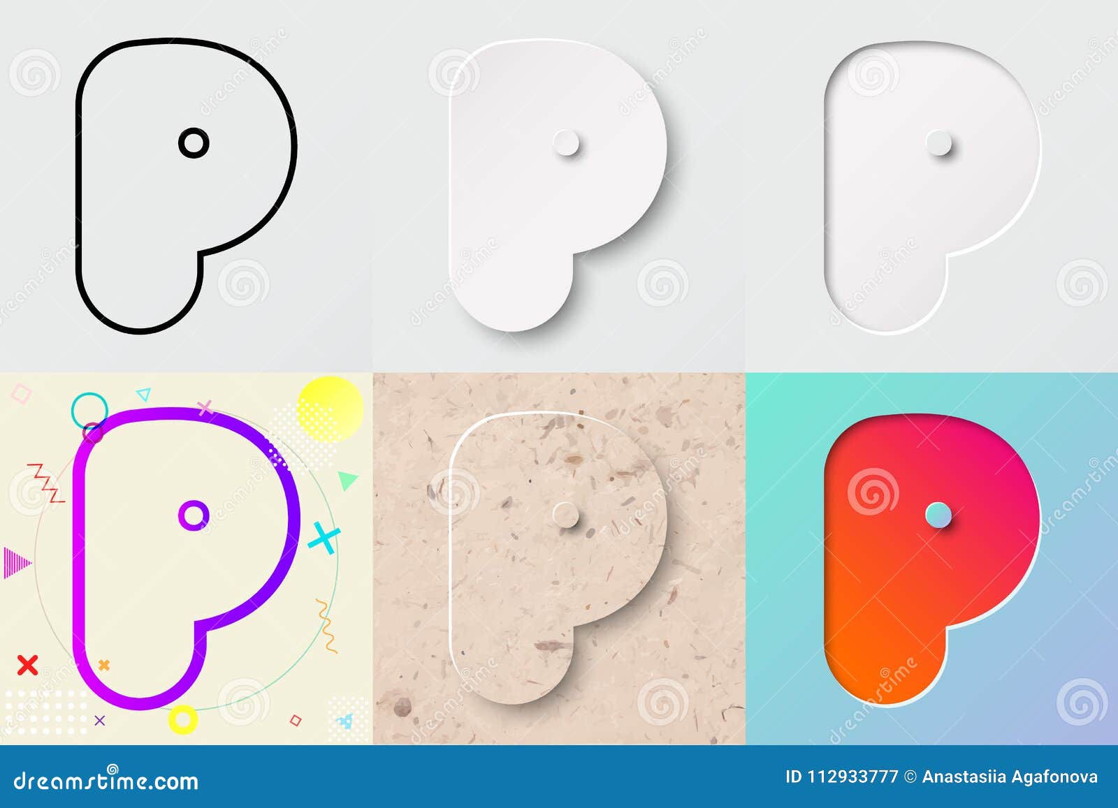 Vector Illustration Set of Cute Bold Rounded Letter P with Different ...