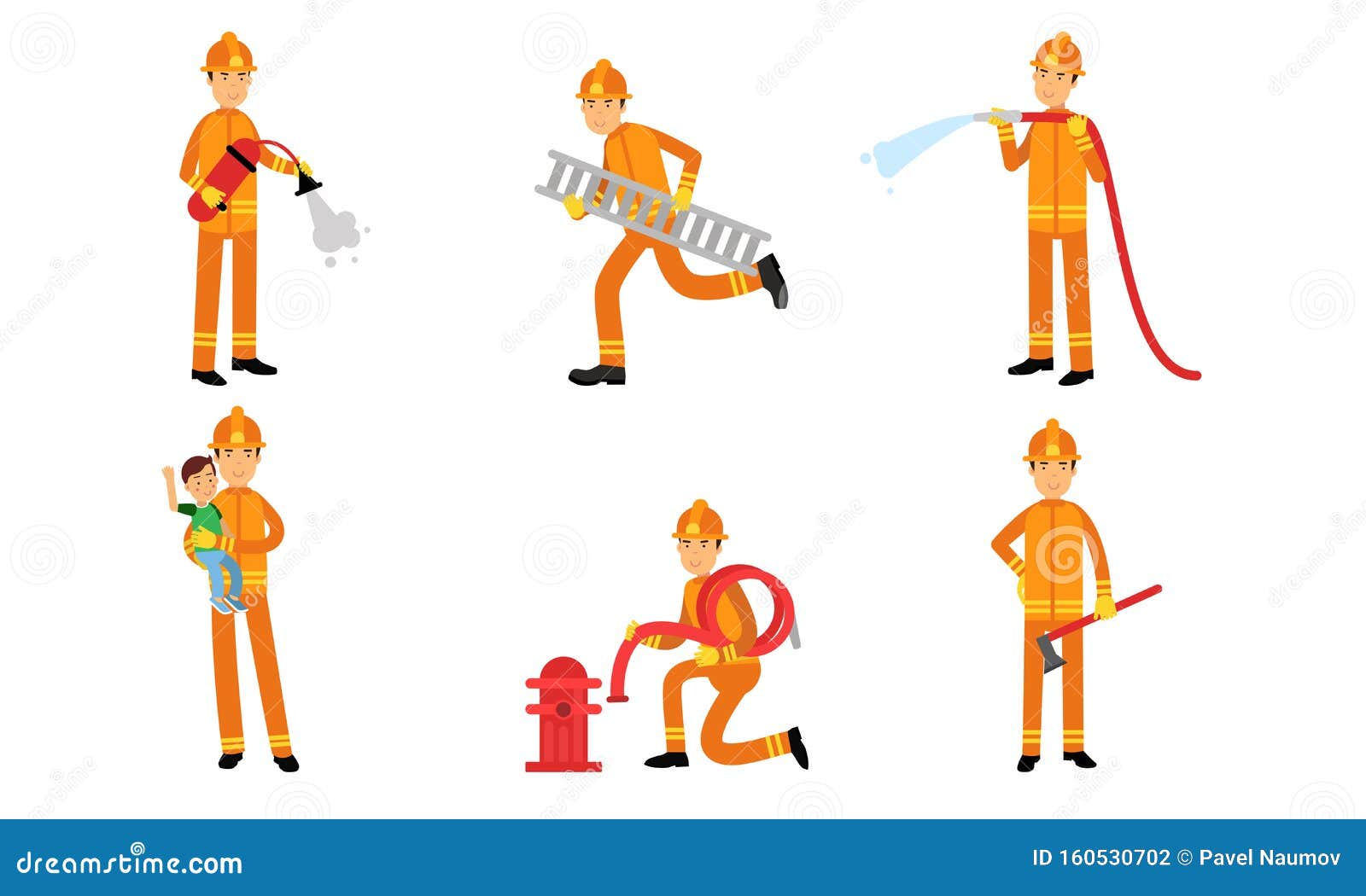 Vector Illustration Set with Different Action Poses of Fireman at Work ...