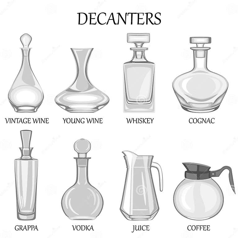 Vector Illustration of Set of Eight Decanters of Various Drinks. Stock ...