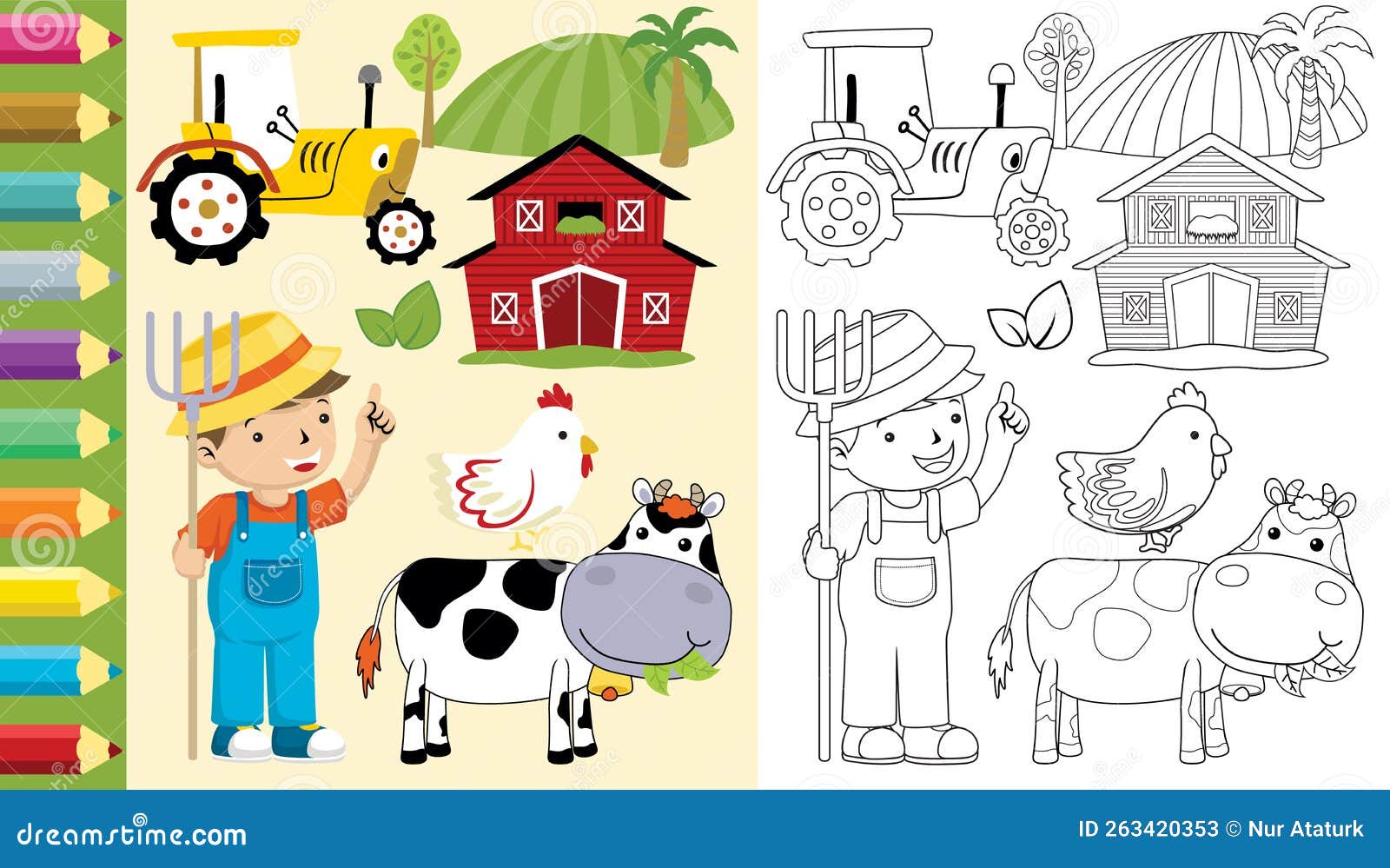 Vector Illustration Set of Farm Elements Cartoon, Coloring Book or Page ...