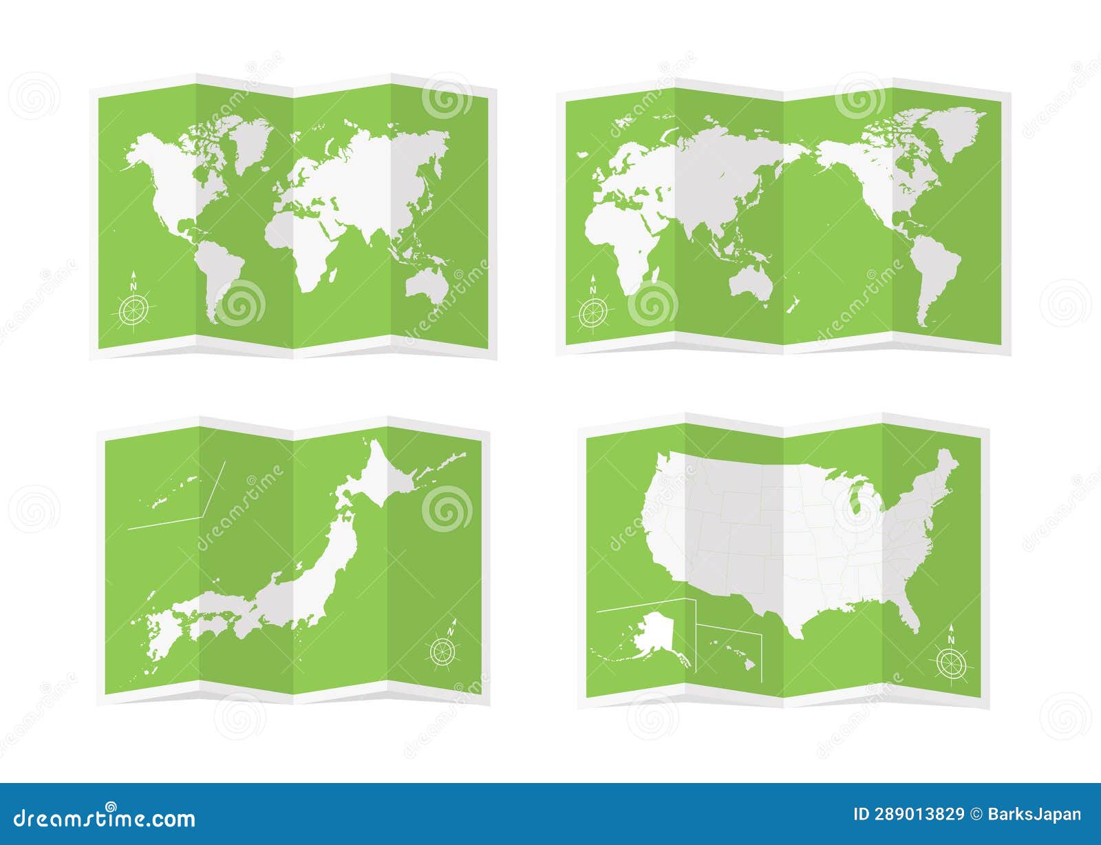 Illustration Set of Four-fold Maps (world Map, Japan, USA Stock ...