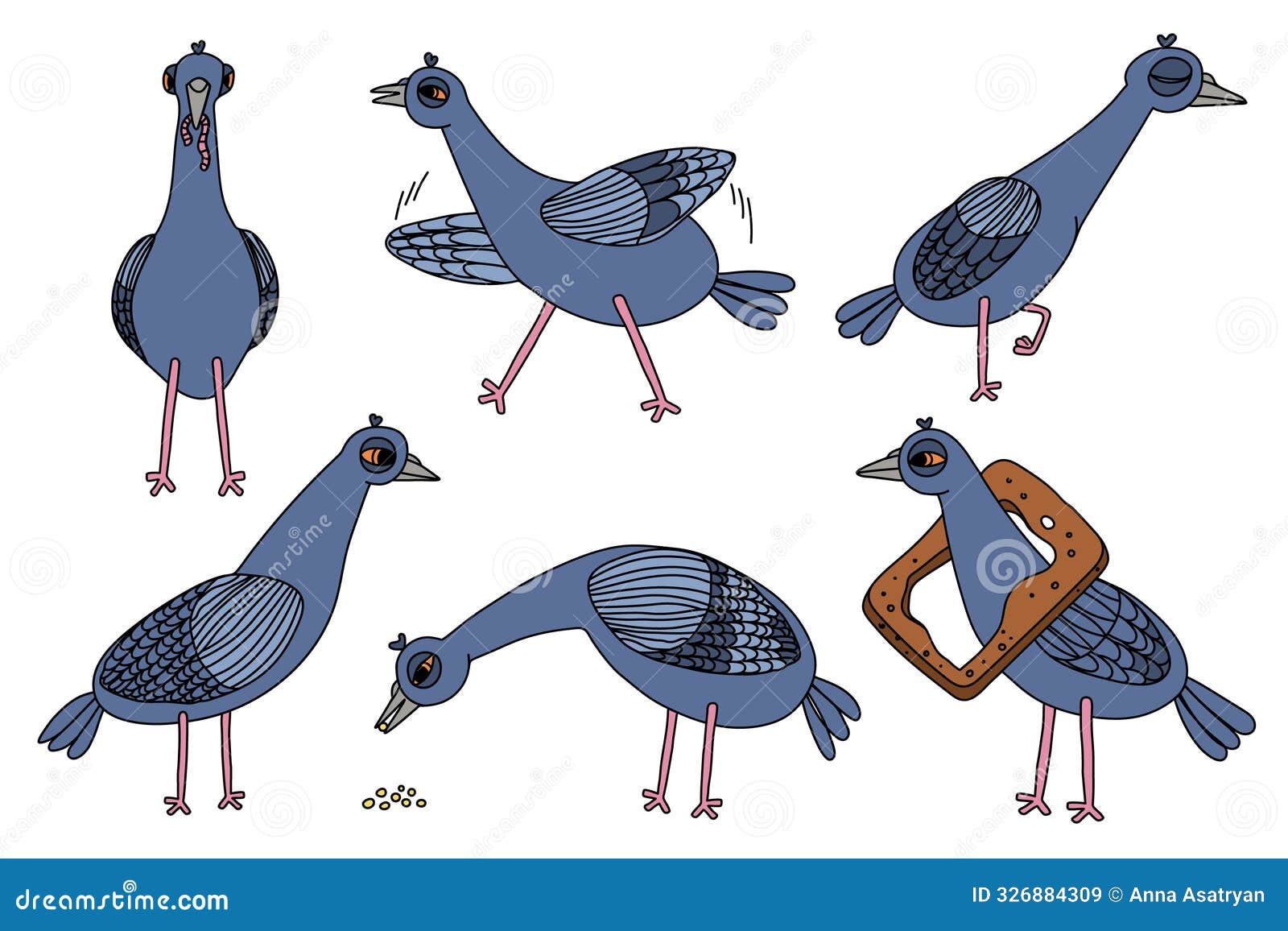 Vector Illustration of a Set of Funny Cartoon Pigeons Stock ...