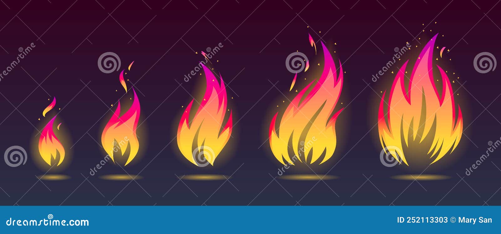 Vector Illustration Set of Growing Fire Flames Icons on Dark Background ...