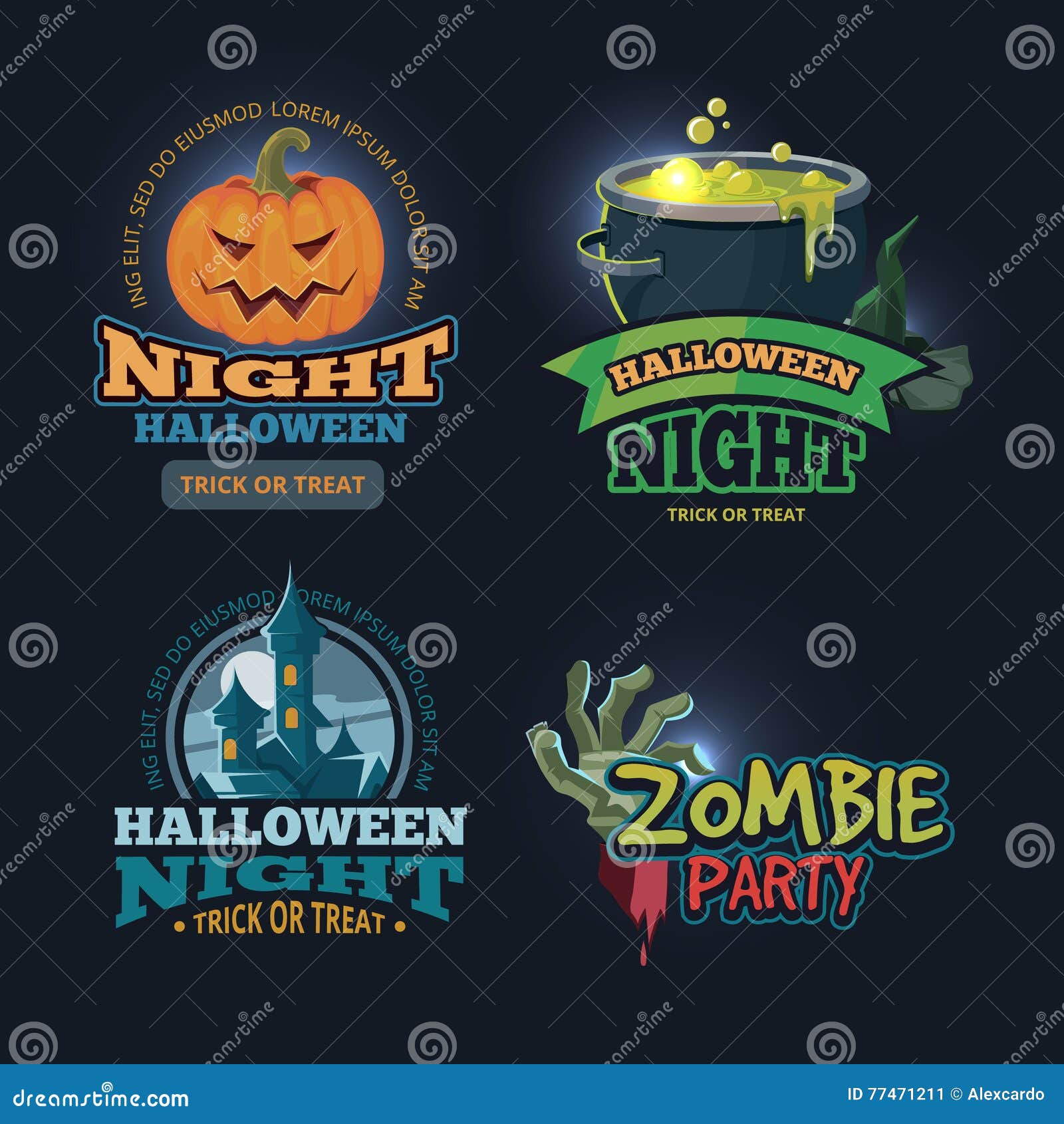 Halloween Badges. Party Scary Logo Horror Symbols Skull Bones Vector ... Halloween Badges. Party Scary Logo Horror Symbols Skull Bones Vector ...